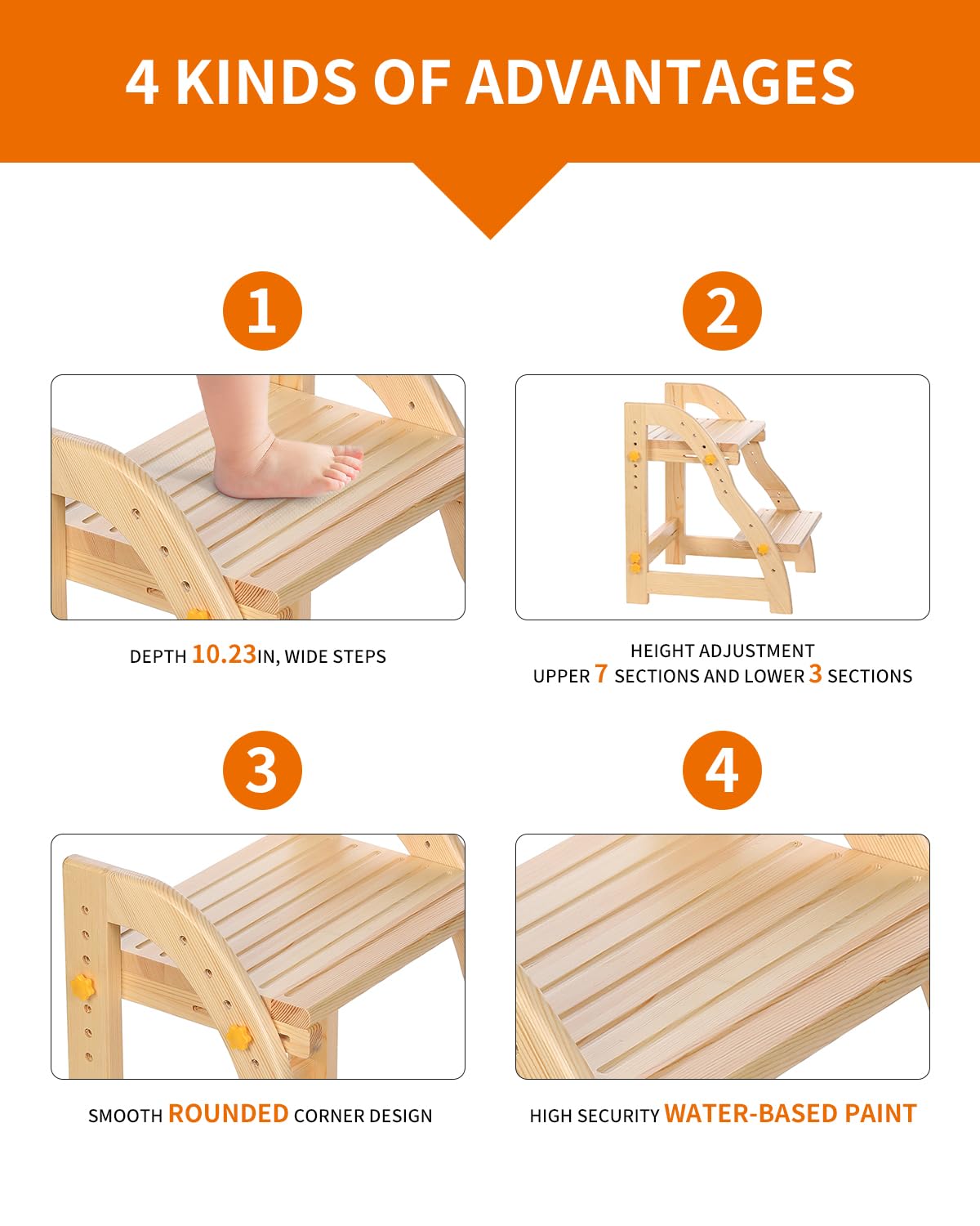 Wooden Step Stool for Kids, Kitchen Toddler Step Stool for Bathroom Sink and Toilet Stool for Kids Potty Training Anti-Slip Sturdy Height Lift Stool (Natural)