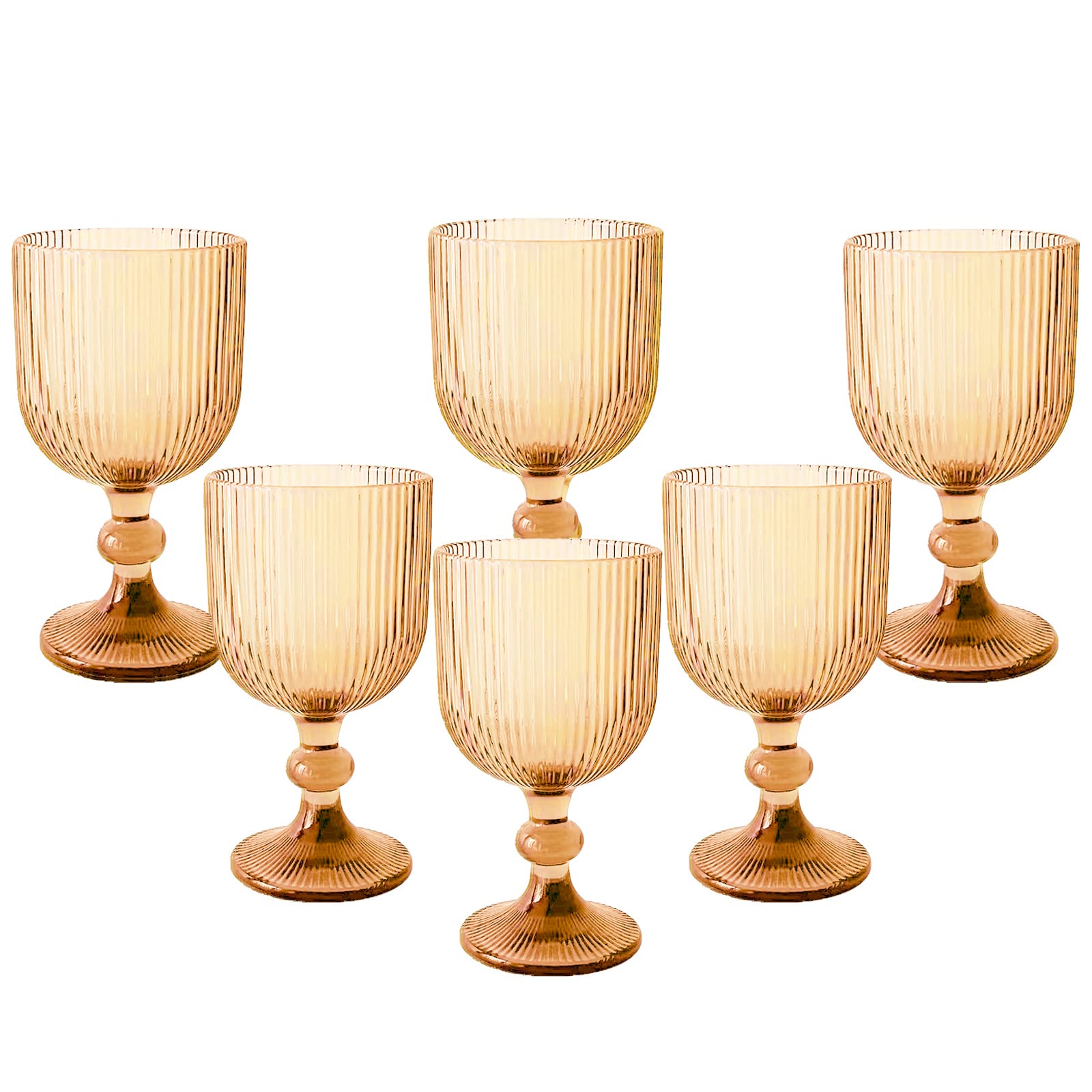 Vintage Wine Glasses Set of 6, 11 Ounces Colored Glass Water Goblets, Colorful Unique Embossed Pattern High Clear Stemmed Glassware Wedding Party Bar Glass Drinking Cups Vertical Line Gold Amber