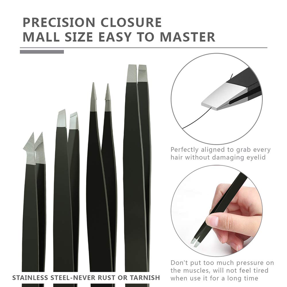 Tweezers for Eyebrows, Tweezer Precision for Eyebrows, Splinter & Ingrown Hair Removal 5 Piece (Black)