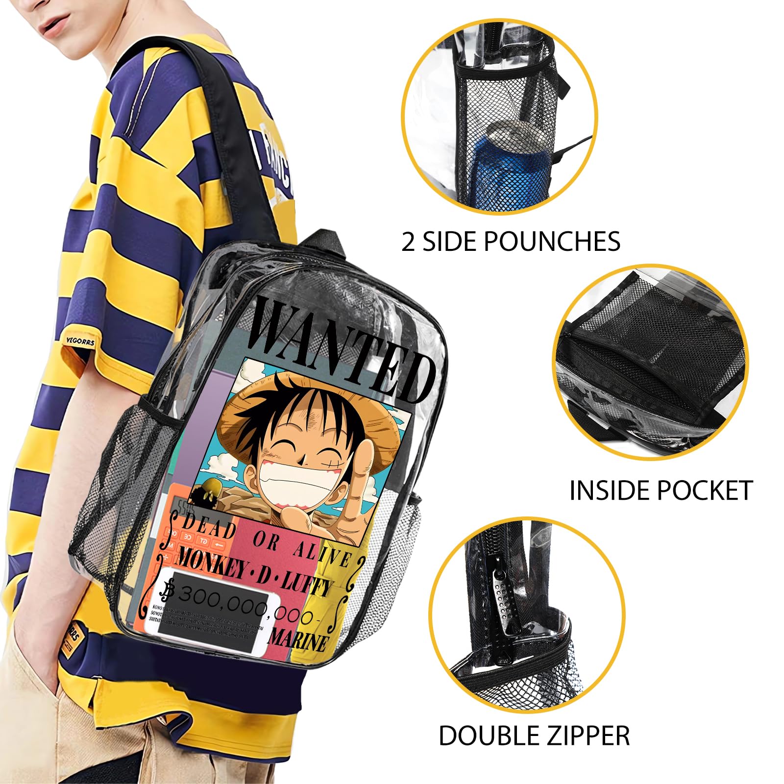 URYLVUG Japanese Anime Clear Backpack, Cosplay PVC Daypack, Heavy Duty See Through Shoulder Bag for Work, Transparent Plastic Bag for Boys Girls-Wanted