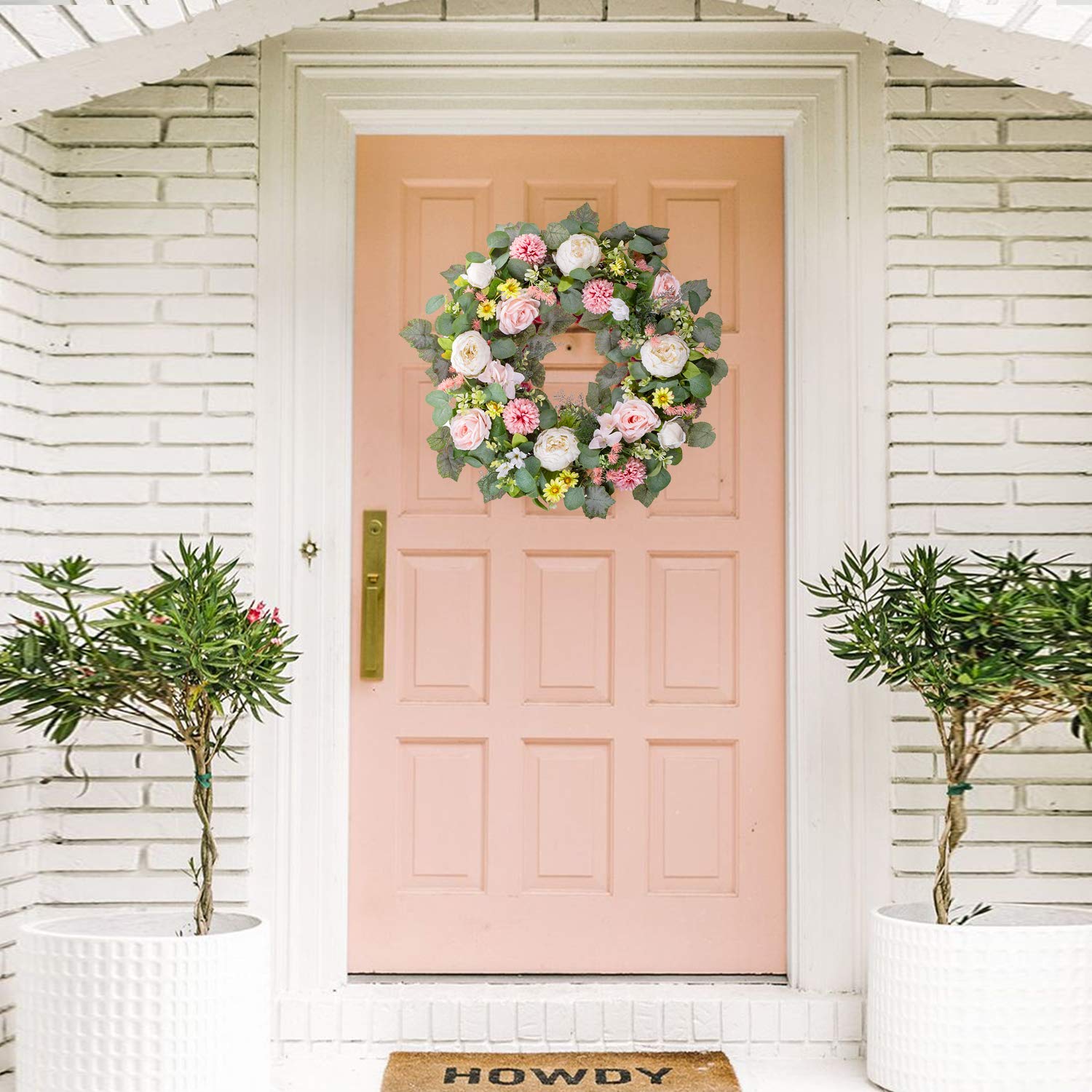 WANNA-CUL 24 Inch Large Spring Peony Flower Wreath for Front Door for Wedding,Pink Rose Floral Door Wreath with Rustic Grapevine Leaves,Bolocephalus Saussureoides for Wall