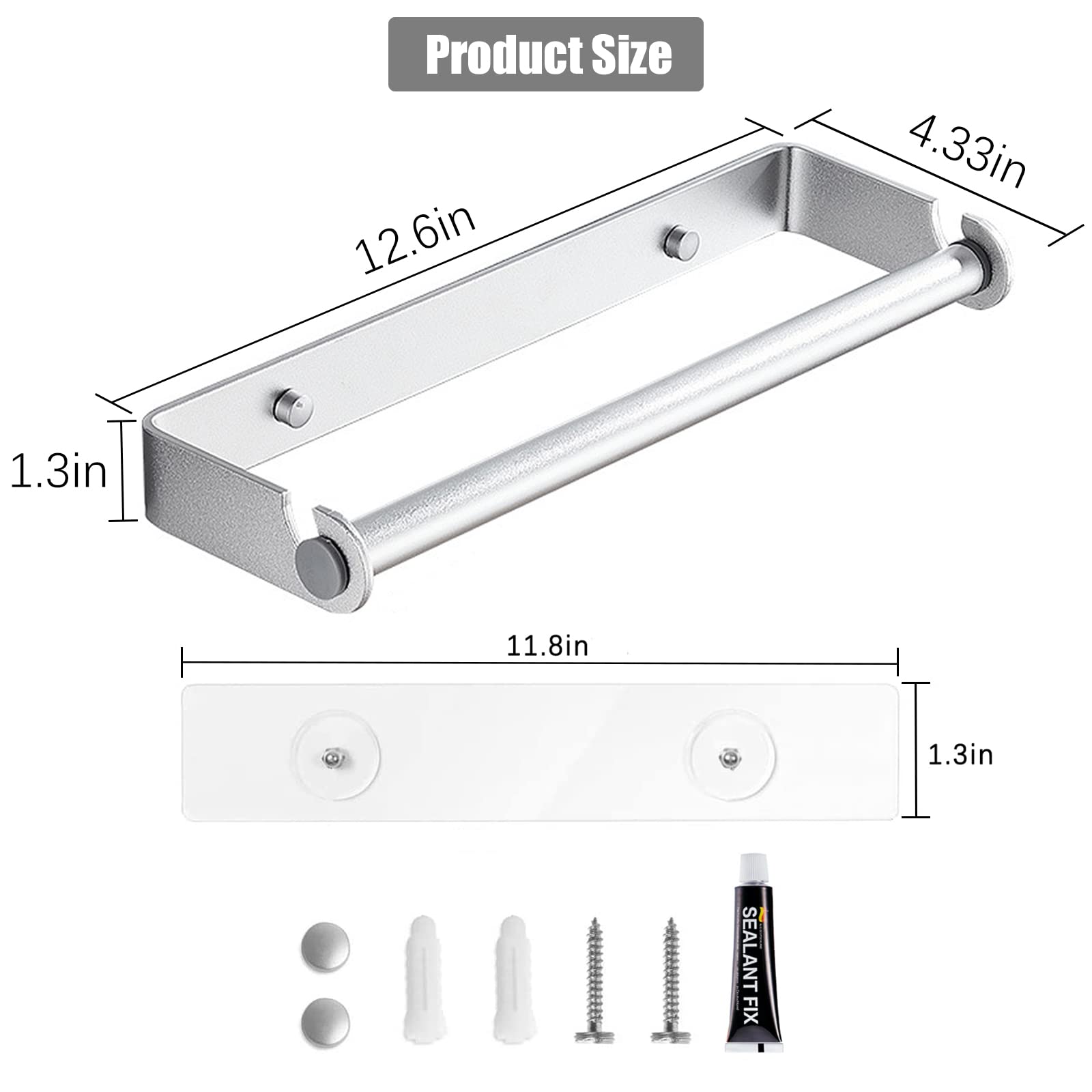 URALFA Adhesive Paper Towel Holder Under Cabinet, Paper Towel Rack Self-Adhesive or Drilling Wall Mounted for Kitchen Towels Holder, Paper Roll Holder for Bathroom, Kitchen, Pantry, Sink (Silver)