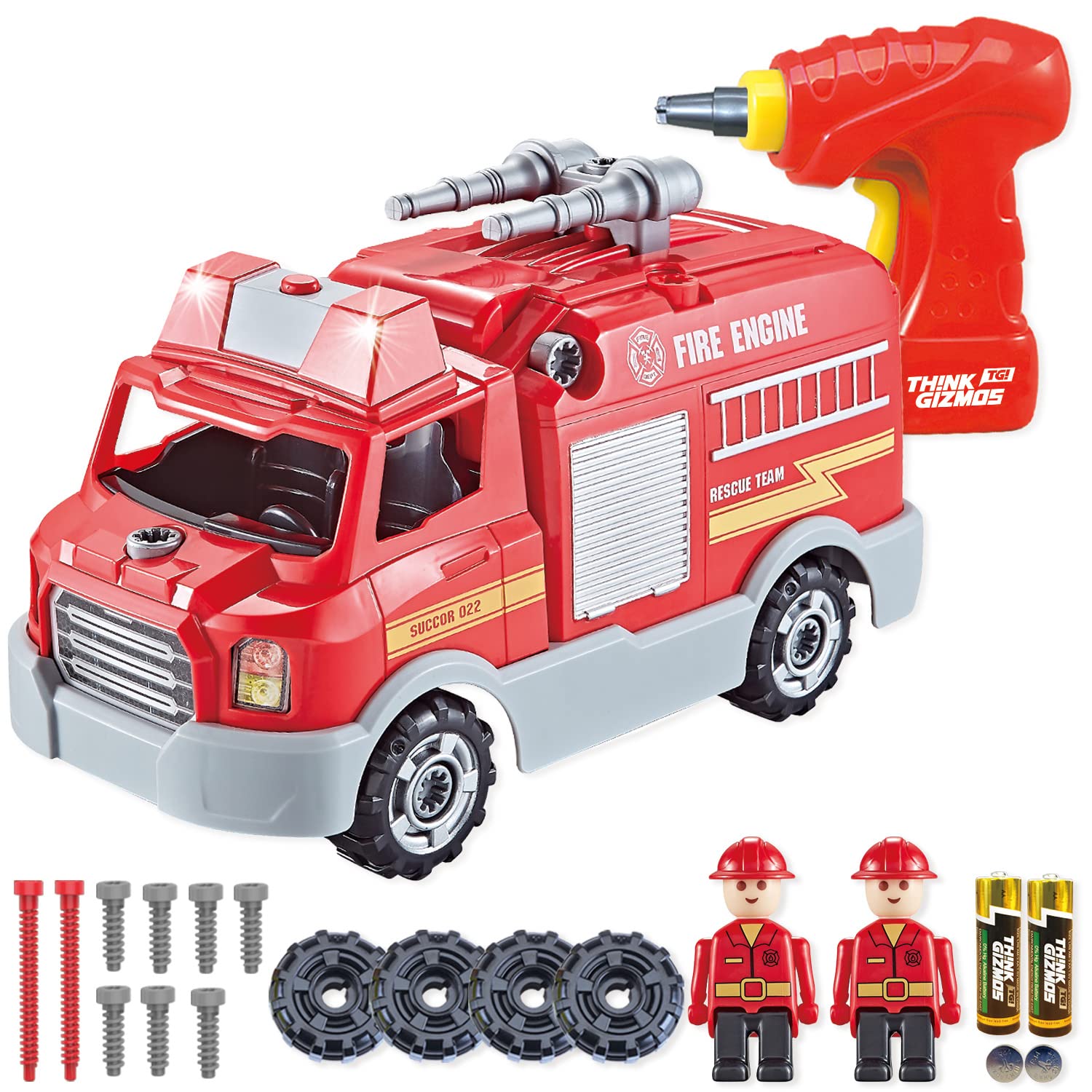 Think Gizmos Take Apart Toy Fire Truck - Includes Working Drill, Realistic Sounds and Lights - Easy DIY Assembly - Great Toy for Boys and Girls Ages 3+