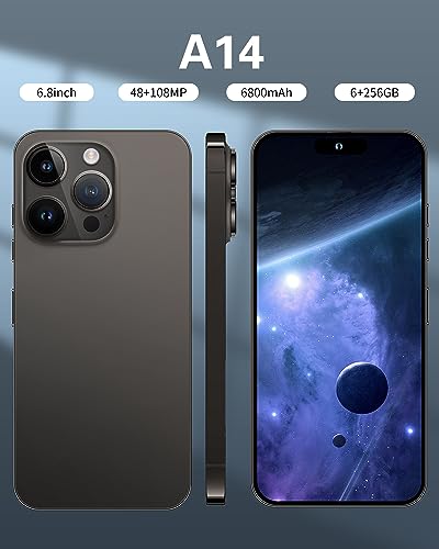 VIQEE A14 Pro Max 5G Unlocked Smartphone - 6GB+256GB Fully Unlocked Cell Phone for Android 13, 6.8" Unlocked Cell Phone, 6800mAh, 48MP+108MP Dual Camera (Black)