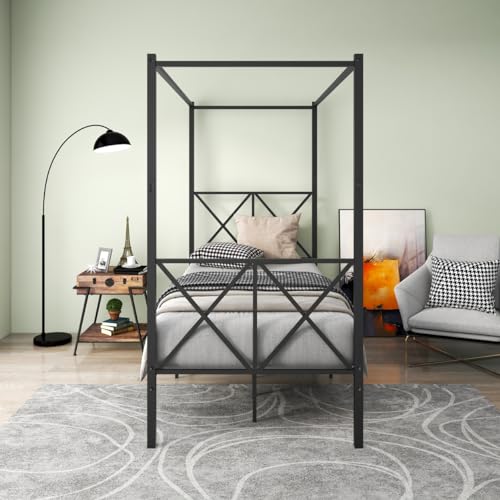 Twin Size Metal Canopy Bed Frame, Platform Bed Frame with X Shaped Frame Black