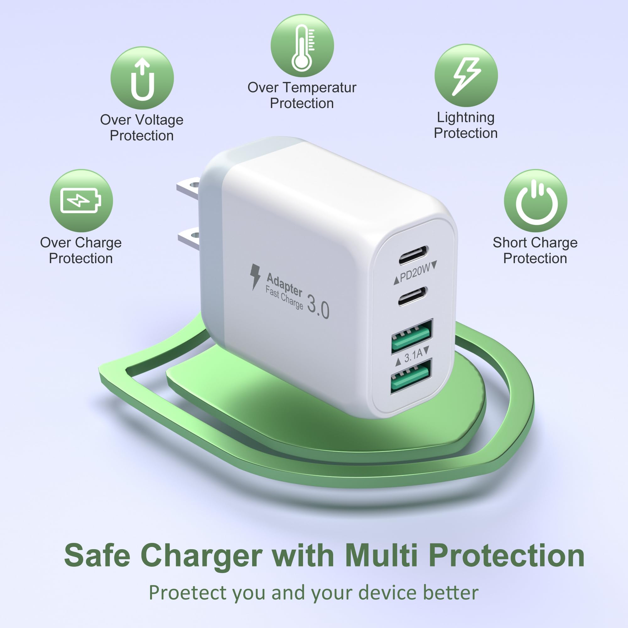 USB C Fast Charger for iPhone 15/15 Pro Max Fast Charging, 2 Pack 40W 4-Port USB C Charger Block Power Adapter with 6ft USB C Cable for iPhone 15 Pro Max/15Pro/15/15Plus,iPad Pro/Air,AirPods,Samsung