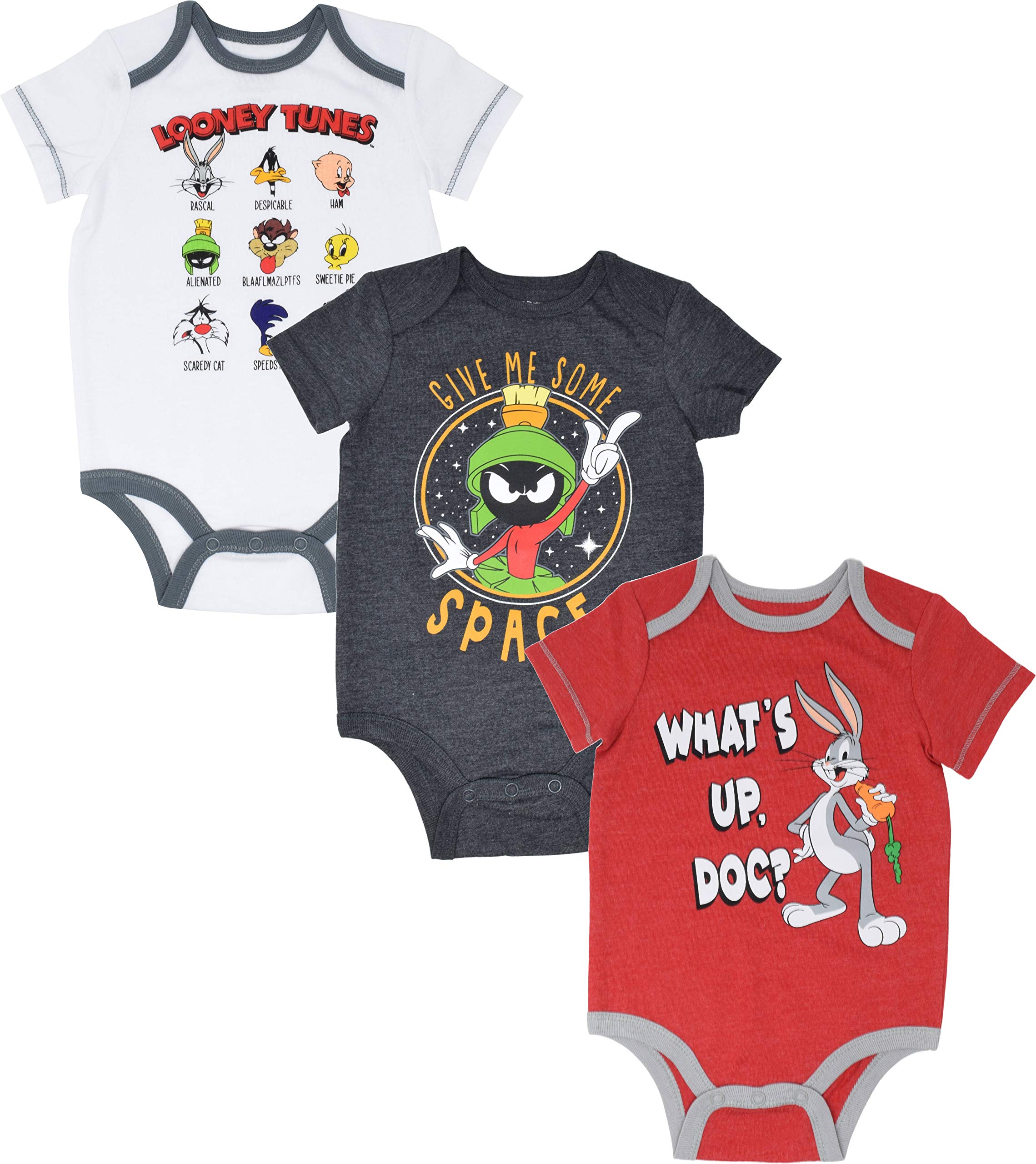 Warner Bros. Looney Tunes Baby Boys 3 Pack Bodysuits: Bugs Taz Marvin 0-3 Months