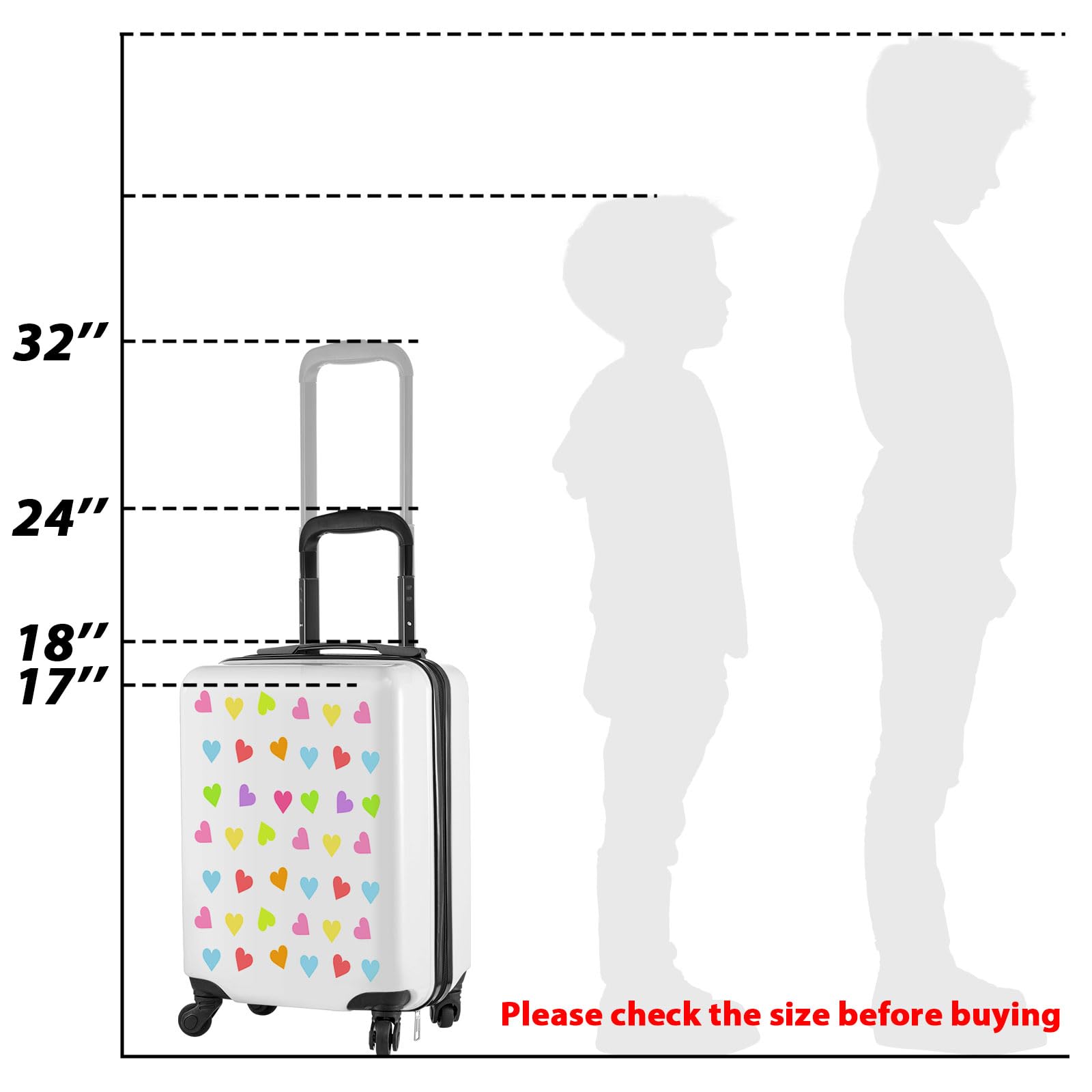 Sanwuta 4 Pieces Heart Luggage for Girls 17 Inch Kids Rolling Luggage White Travel Rolling Suitcase with Wheels Kids Luggage Set with Backpack Neck Pillow Name Tag