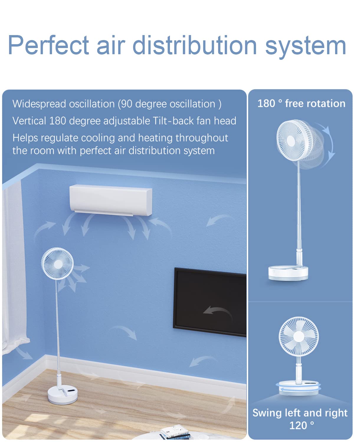 UN UNITEDTIME Foldable Fan Foldaway Oscillating with Remote Control, 10800mAh Rechargeable Battery Operated Portable for Camping, 4 Speed, Timer, Height Adjustment for Travel, Outdoor (White)