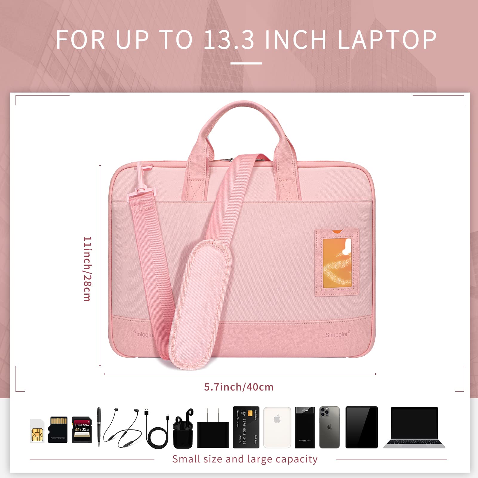 Simpolor 15.6’’ Laptop Case Cable Organizer, Electronic Organizer Inside with Outside Card Holder, 3-Layer Shockproof and Water Resistant 14/15 inch Laptop Sleeve, Pink