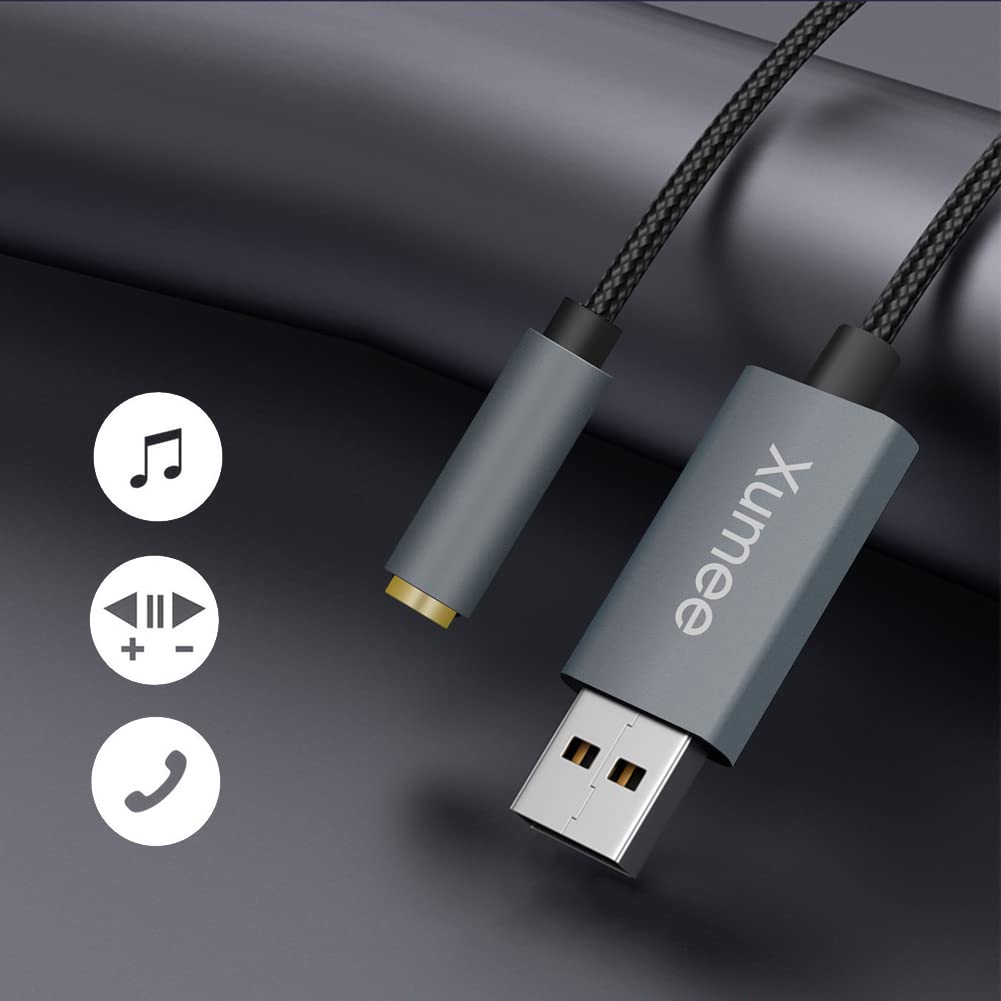 USB to Audio Jack Adapter,USB-A to 3.5mm Female Headset Adapter,External Stereo Sound Card for Headphone, Mac, PS4, PC, Laptop, Desktops and More (1.2ft, Grey)