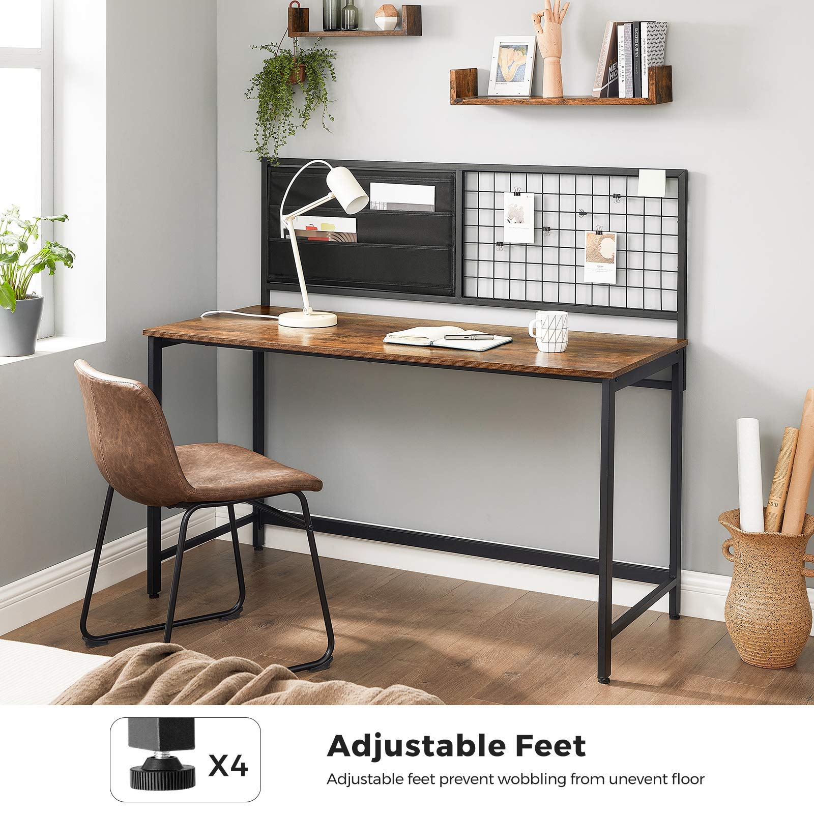 VASAGLE Computer Desk, 53.9 Inches Long Study Writing Desk for Home Office with Grid Board and Fabric Storage Bags, Industrial Style PC Laptop Table, Steel Frame,Rustic Brown and Black ULWD063B01