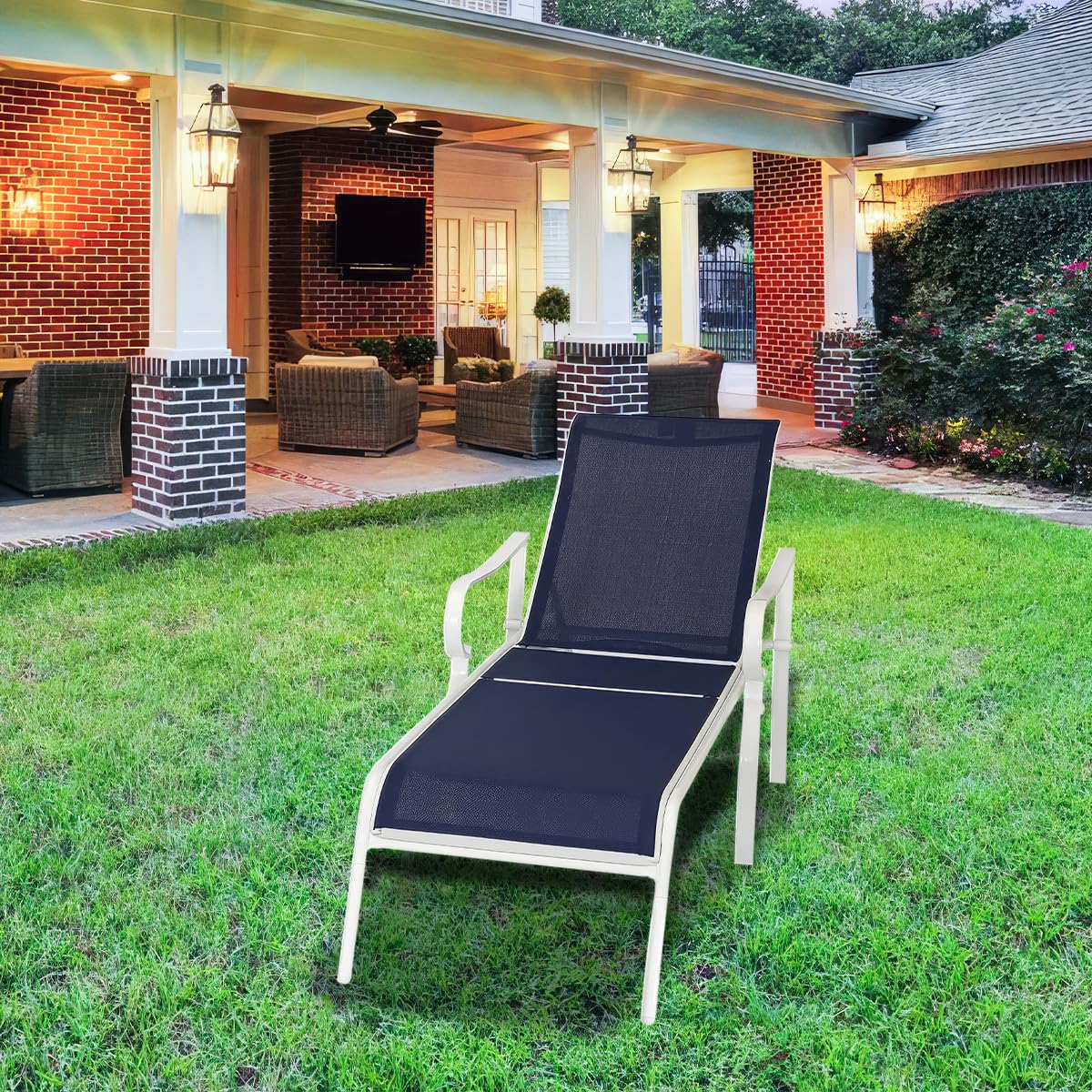 SUMELL Chaise Lounge Outdoor w/Adjustable Back in 5 Reclining Levels Sturdy Metal Frame Sunbathing Chair for Beach, Yard, Balcony, Poolside, Dark Blue