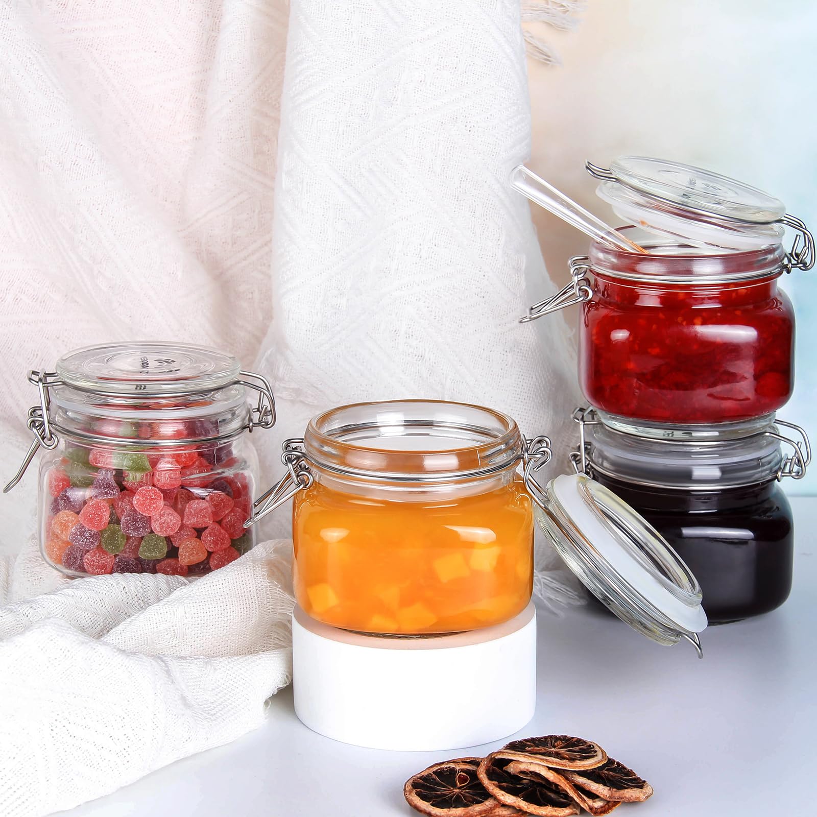 YEBODA 16oz Food Storage Canister Glass Jars with Clamp Airtight Lids and Silicone Gaskets for Multi-Purpose Kitchen Containers - Clear Square (6 Pack)