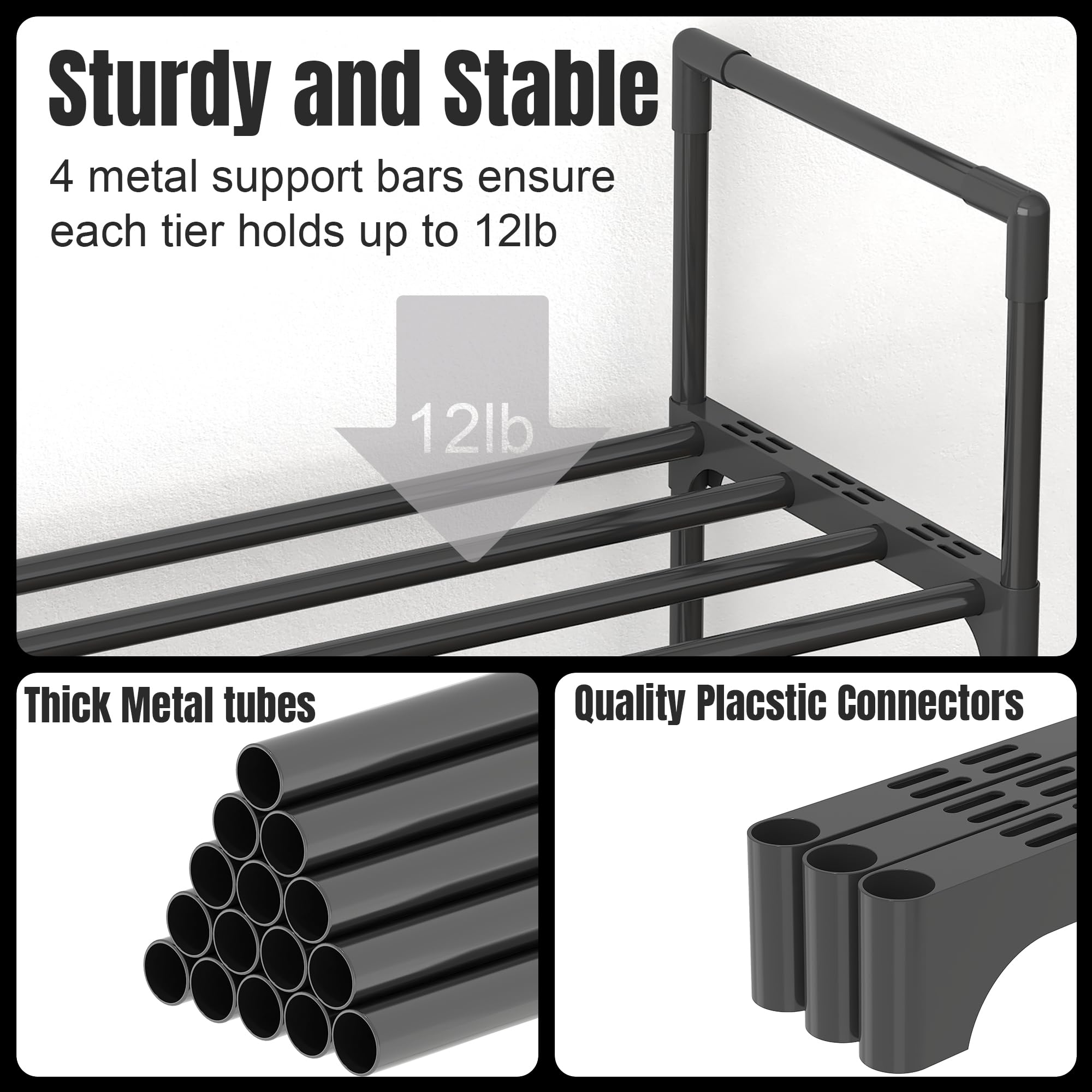 Thoustars 3-Tier Stackable Shoe Rack, Metal Shoe Shelf, 12 to 15 Pairs Shoes, Stackable Shoe Tower for Living Room,Closet, Entryway, Hallway, (Black)