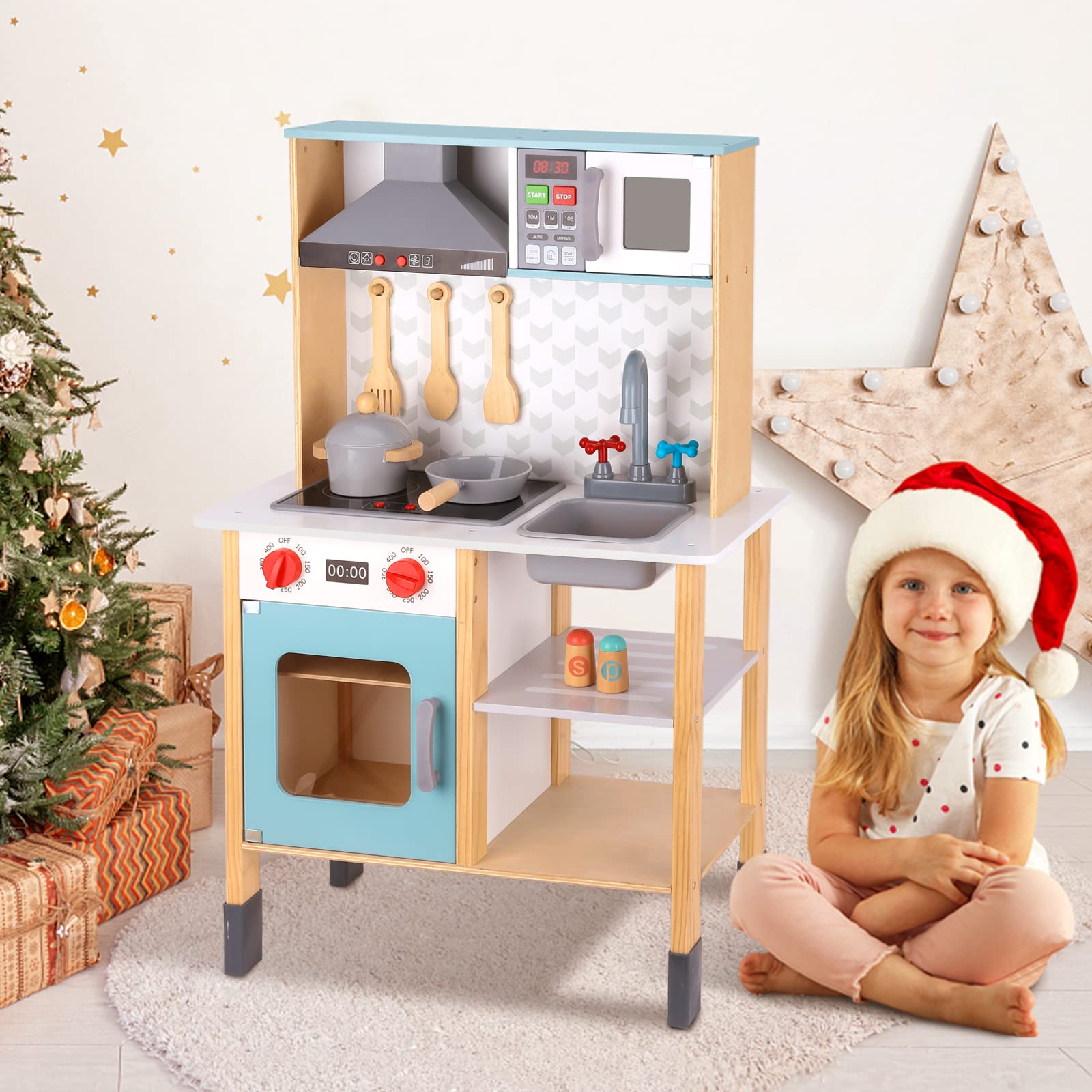 TOOKYLAND Play Kitchen Set for Toddler with Real Light & Sound, Removable Sink, Microwave, Range Hood, Stove, Oven for Kids Gift Age 3+