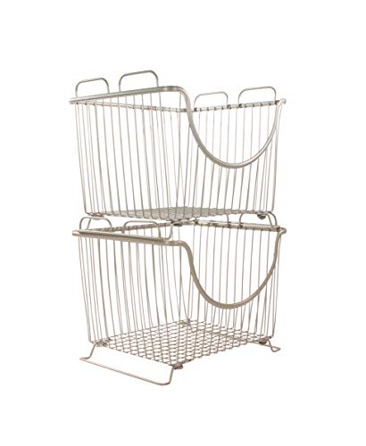 Spectrum Diversified Ashley Stackable Wire Basket with Raised Feet and Looped Handles Modular Stacking Bin System for Kitchen Countertop & Desk Organization, Large, Satin Nickel