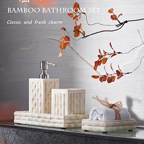 UTOYA Durable Bamboo Shape Bathroom Accessories Set,4 Pcs Classical Bathroom Set-Soap Dispenser,Towel Tray,Tumbler,Bathroom Decor Set Beige Replacement