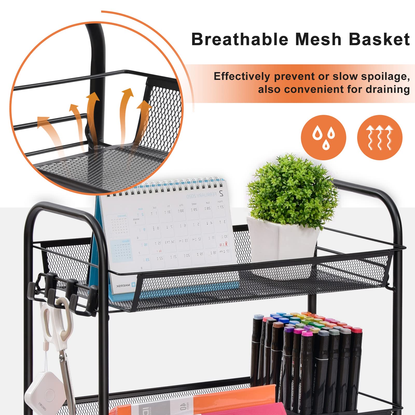 TOOLF 3-Tier Metal Rolling Cart, Mesh Wire Easy Assemble Utility Cart, Storage Trolley on Wheels with 3 Hooks, MetalStorage Shelving Units for Kitchen Bathroom Laundry Room