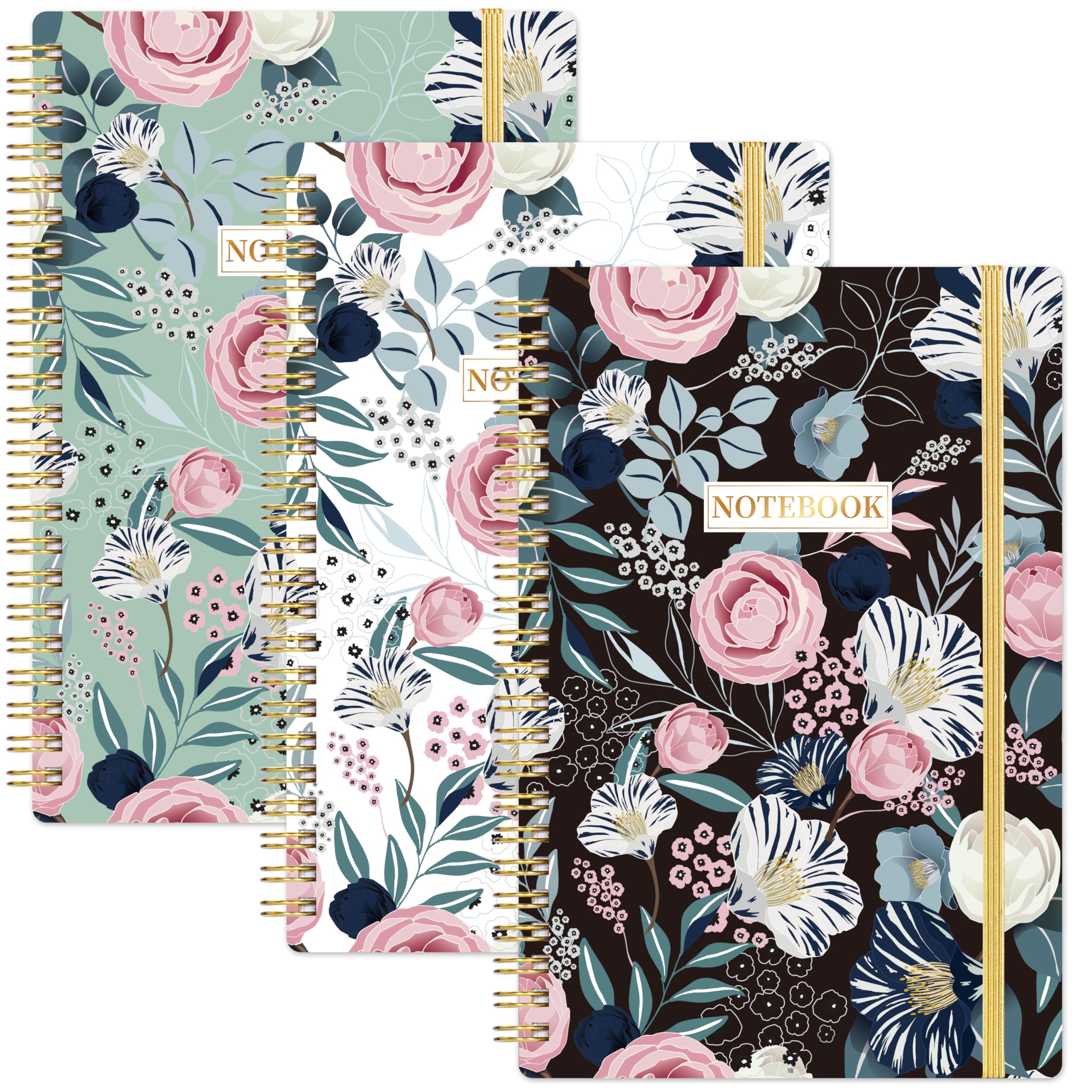 Spiral Notebook - 3 Pack A5 Lined Notebook, Spiral Journal for Women, 5.7" x 8.4", 160 Pages, College Ruled Writing Notebook with Back Pocket, 100gsm Paper, Elastic Closure for Office & School