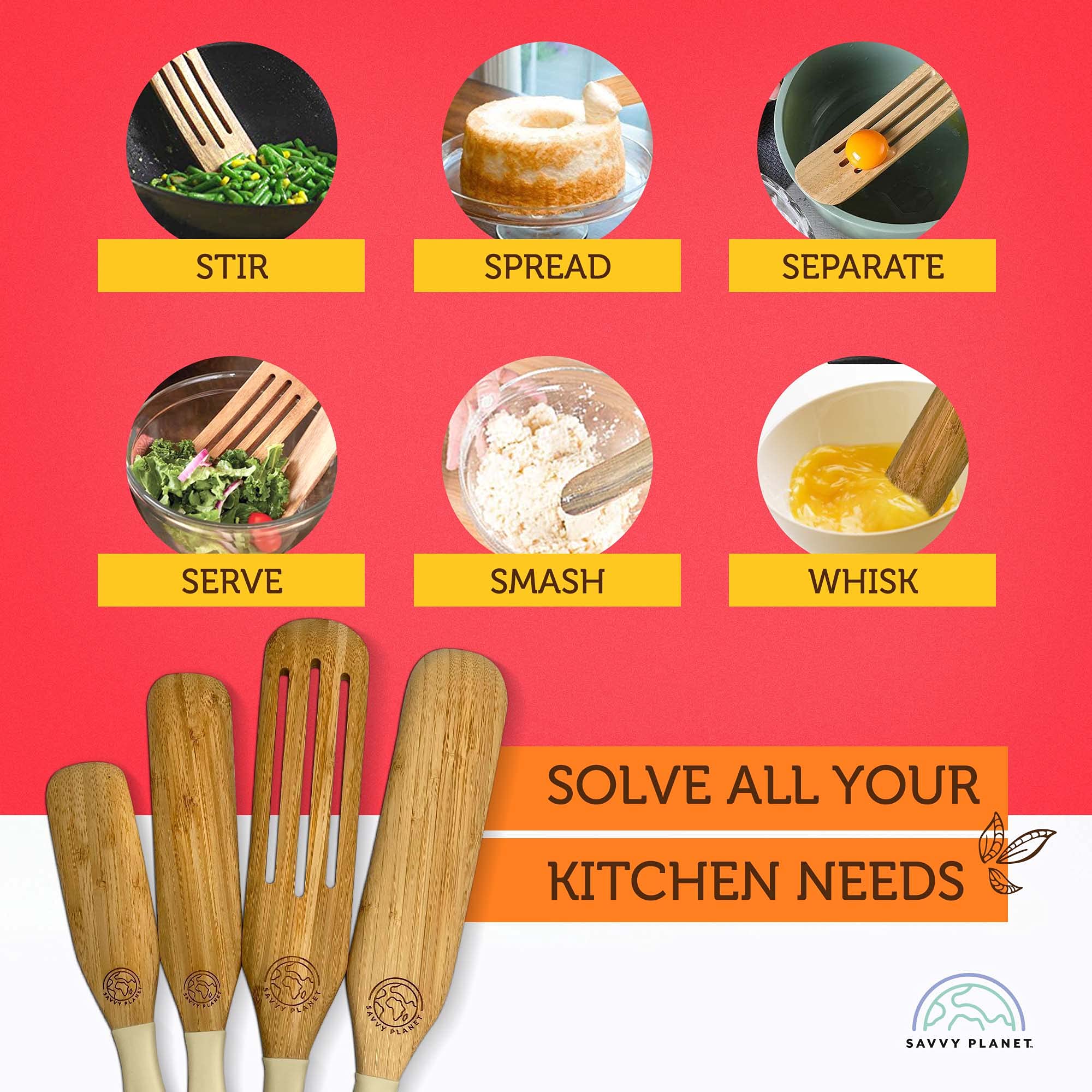 SAVVY PLANET - Bamboo Wooden Spurtle Set | Handles with Silicone Grip | Multi-Use Cooking Utensils (4 Pack) Included in Canvas Giftable Bag - White