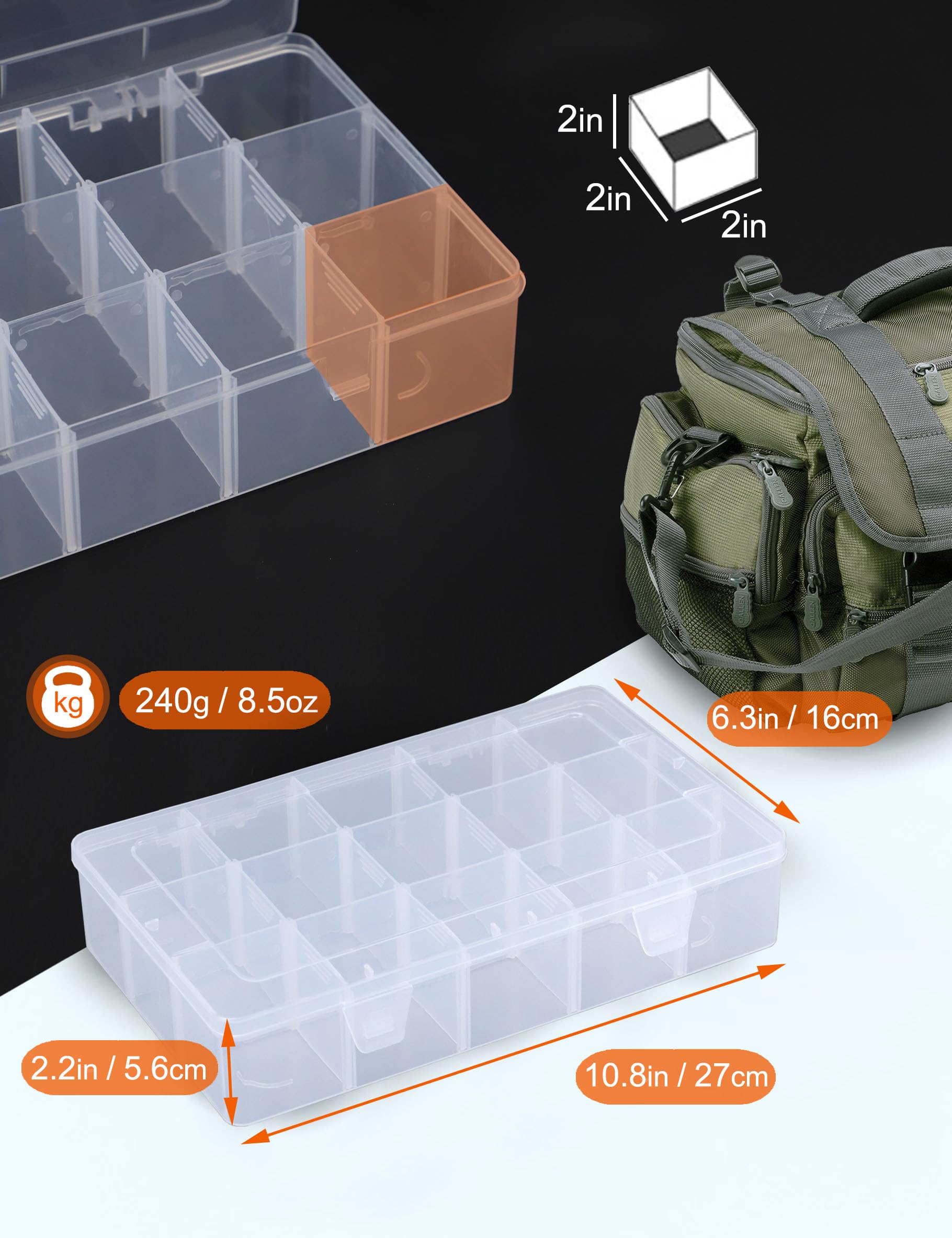 Sjqecyfv Plastic Organizer Tackle Box Organizer Clear Plastic Organizer Box with Dividers Bead Container Divided Storage Containers Large 15 Grid Compartment Box Craft Organizer Tackle Box (2 Pack)