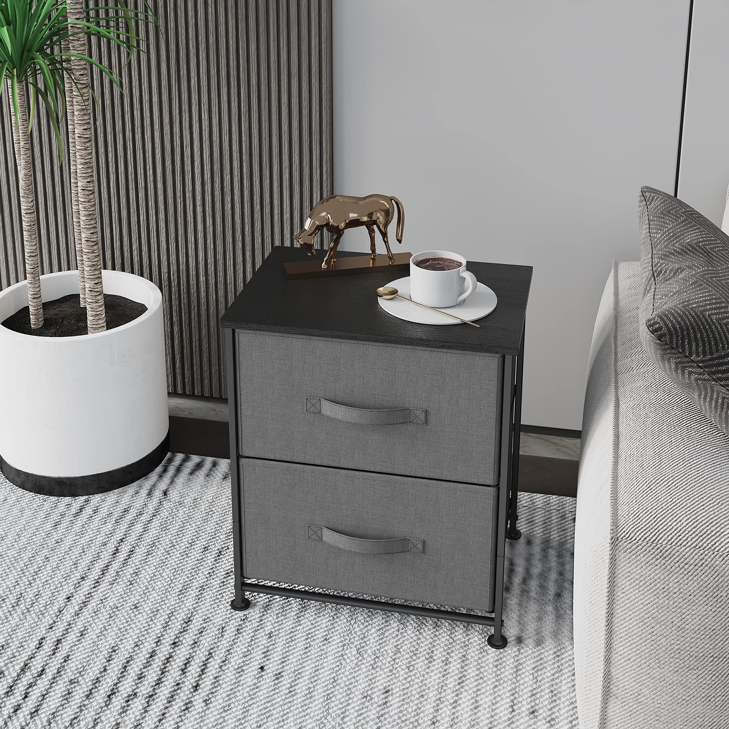 Sehloran 2 Storage Dresser End/Side Table Night Stand, Small Dresser Organizers Unit, Drawer Dresser for Bedroom, Living Room, Closet, Easy Pull Removable Fabric Bins, Wood Top, Gray