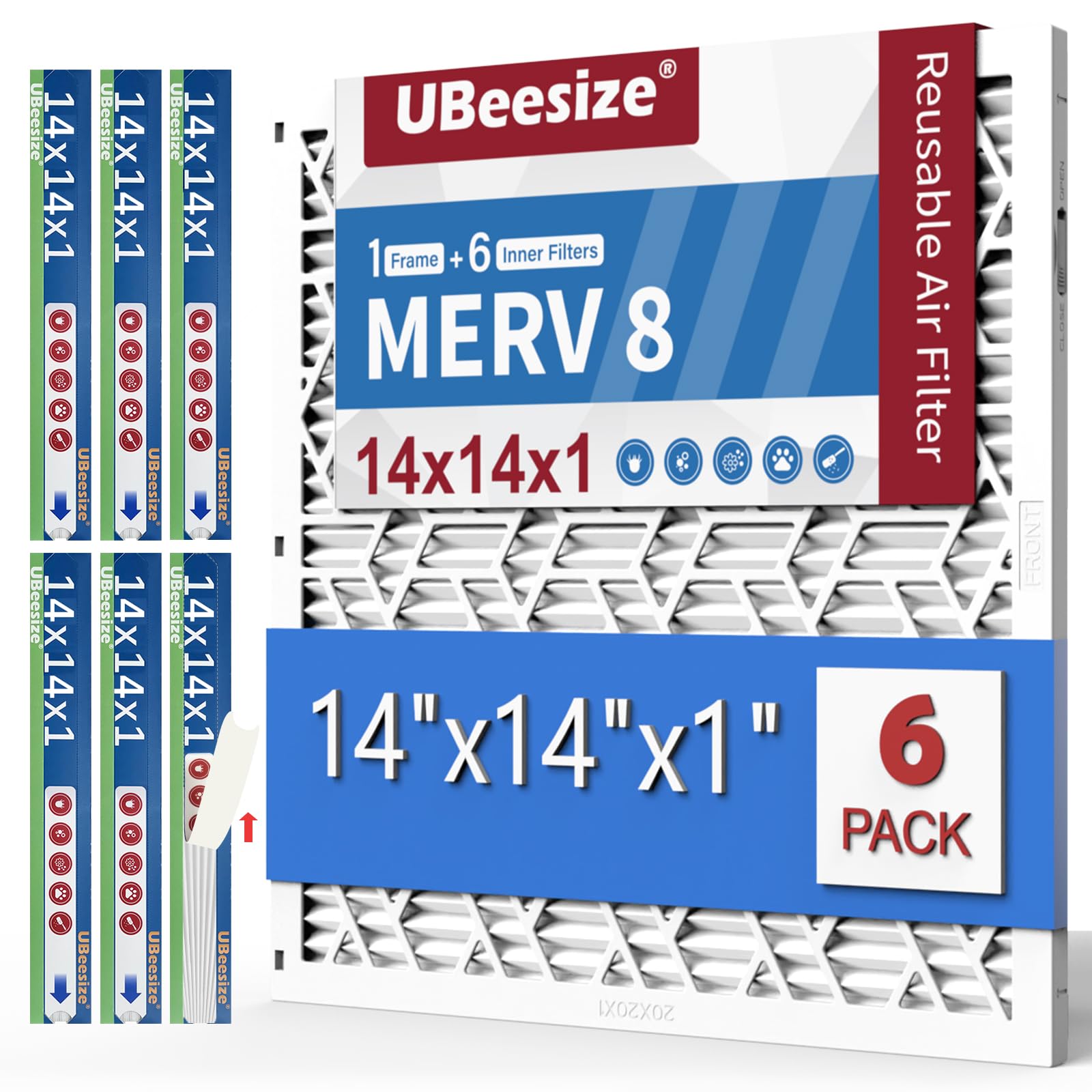 UBeesize Reusable Air Filter 14x14x1 (6-Pack), MERV 8 MPR 700 AC/HVAC Furnace Filters,Deep Pleated Air Cleaner, (Actual Size 13.5 x 13.5 x 0.8 Inches),1x Reusable ABS Frame+6 x Filter,Easy Close/Open