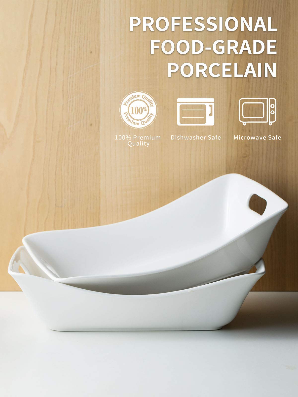 YHOSSEUN Large Serving Bowls with Handles Rectangle Serving Dishes For Entertaining, 1.5 Quarts White Serving Platter Porcelain Bowl Set, 2 Pack