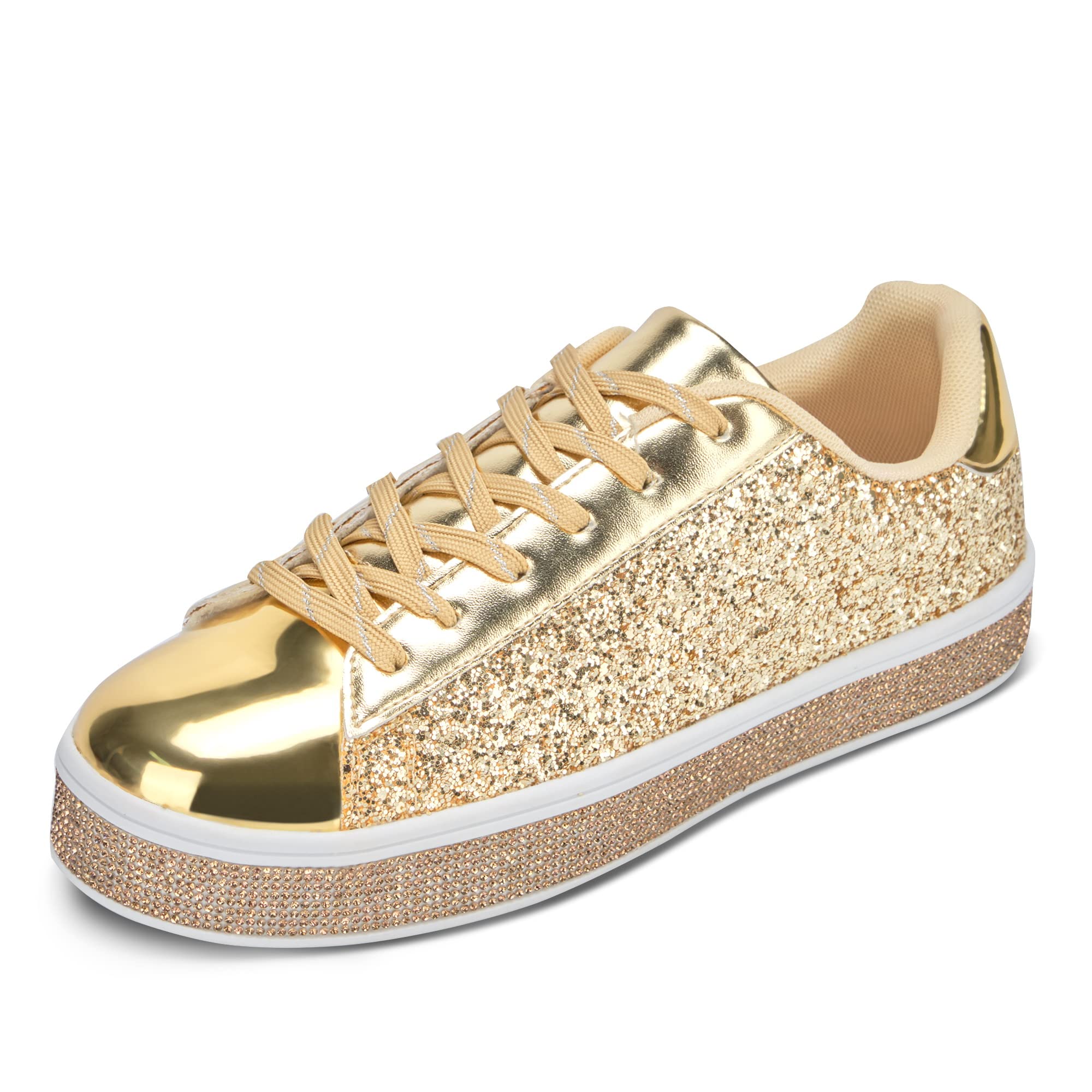 UUBARIS Women's Glitter Tennis Sneakers Neon Dressy Sparkly Sneakers Rhinestone Bling Wedding Bridal Shoes Shiny Sequin Shoes Gold Size 11