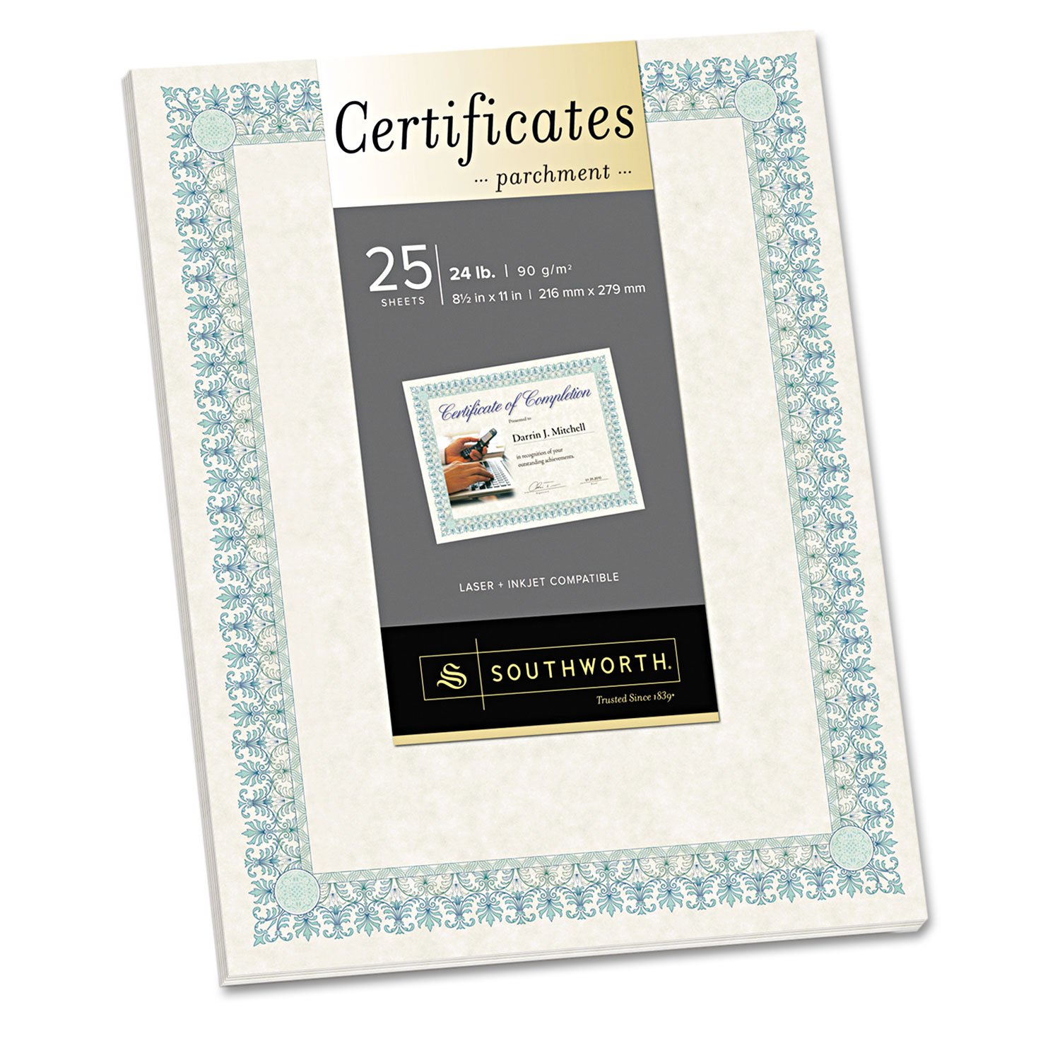Southworth CT3R Parchment Certificates Ivory w/Green & Blue Border 24 lbs. 8-1/2 x 11 25/PK