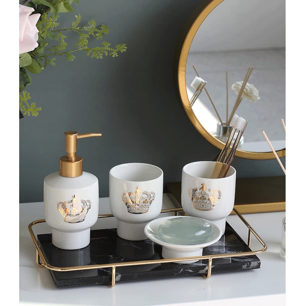 UTOYA Durable Ceramic Bathroom Accessory Set,Crown Print Bathroom Decor Accessories Set,Soap/Lotion Dispenser W/Luxury Gold Pump-Marble Tray Replacement