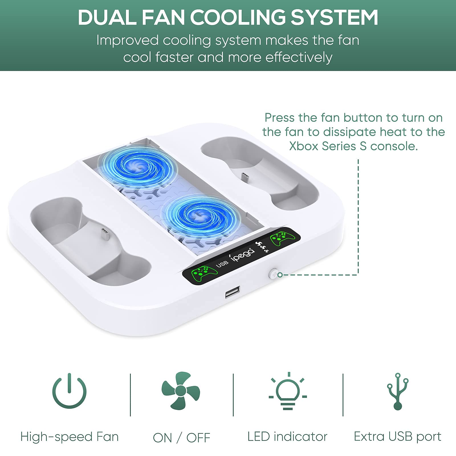 Upgraded Cooling Stand for Xbox Series S Console with Dual Cooling Fan 3 Speed Adjustable, Dual Controller Charger with LED Indicator and Extra Two 1400mAh Rechargeable Battery(Not for Xbox One S/X)