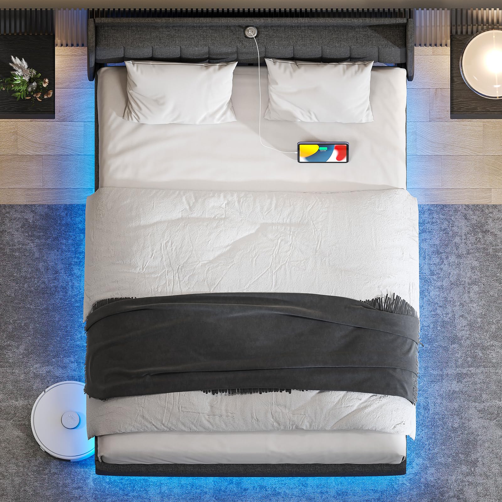 Saudism Upholstered Bed Frame with Storage Headboard, USB Ports, LED Lights - Queen Size, Floating, Noise-Free, Dark Grey