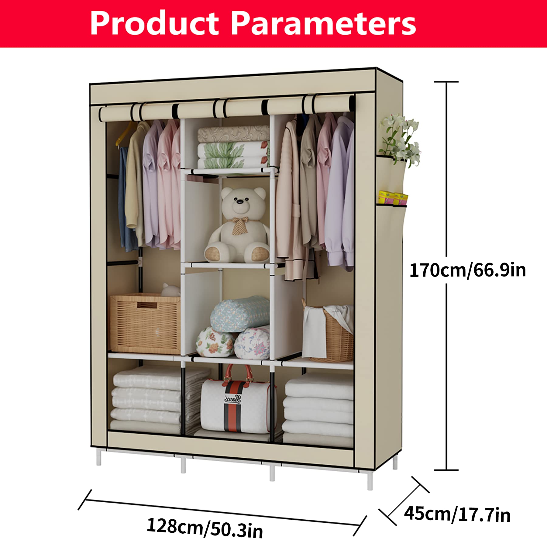 UDEAR Portable Wardrobe Closet Clothes Organizer Non-Woven Fabric Cover with 6 Storage Shelves, 2 Hanging Sections and 4 Side Pockets,Beige