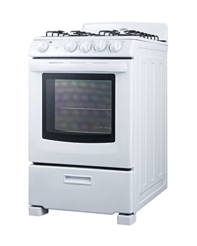 Summit RG244WS 24"" Freestanding Gas Range with 2.9 cu. ft. Oven Capacity Electronic Ignition High Backguard Broiler Drawer Continuous Grates and Safety Brake System for Oven Racks in White