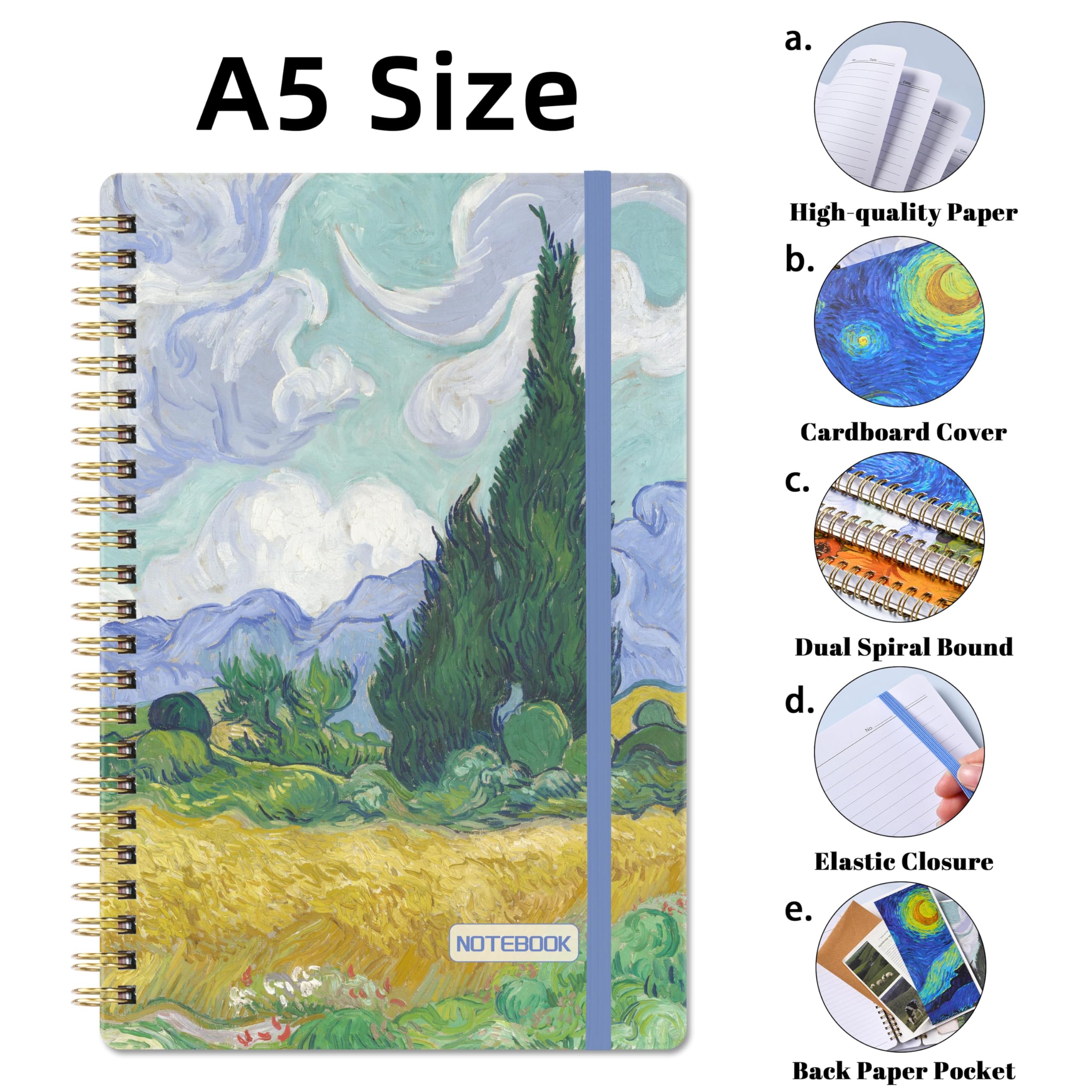 Spiral Notebook - 3 Pack A5 Spiral Notebooks, 5.9”x 8.3”, 3 x 160 Pages Ruled Notebook/Journal for Women, College Lined Notebook with Elastic Closure, Back Pocket, for Office & School