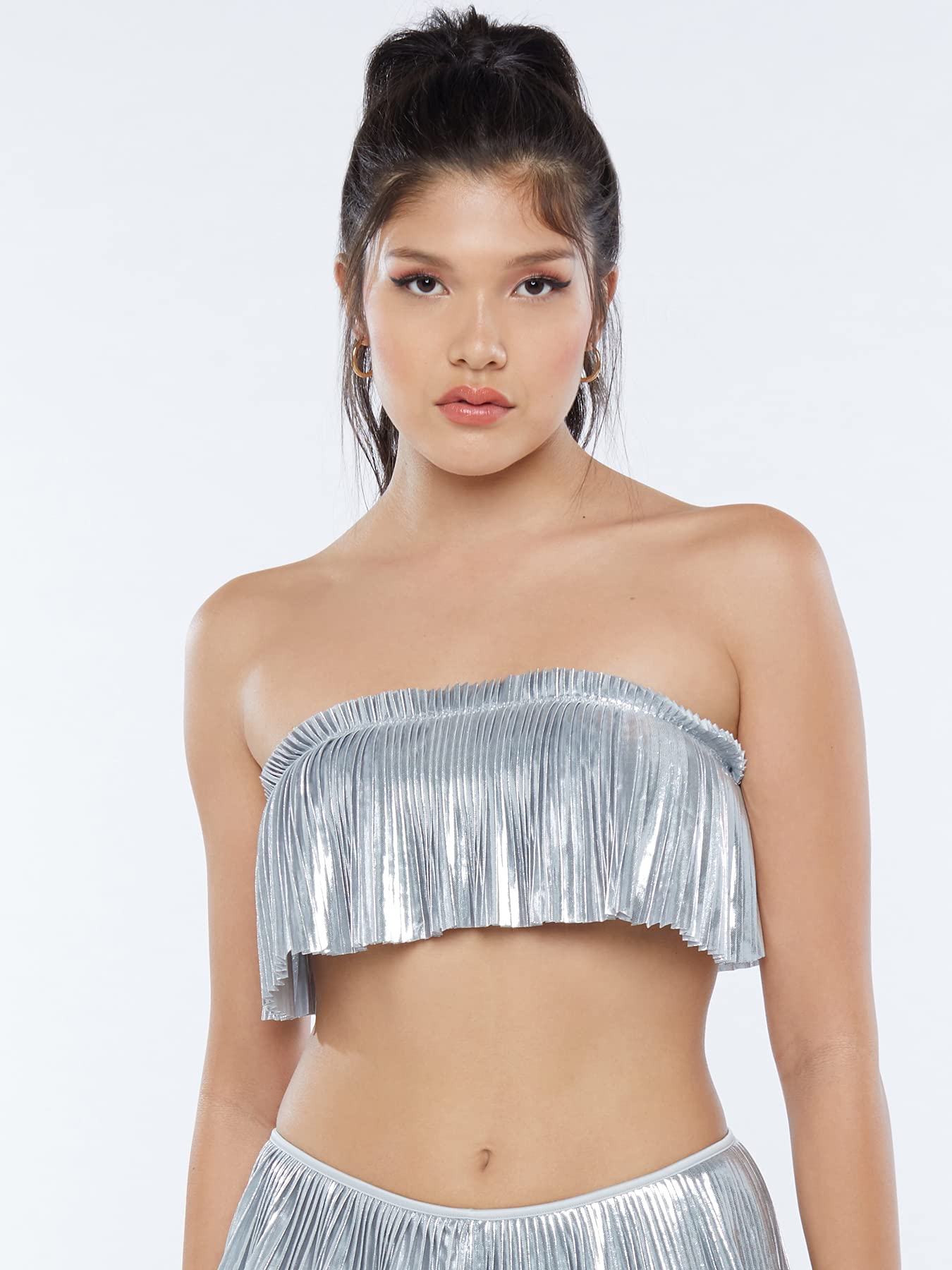 Savage X Fenty, Women's, Pleated Lamé Bandeau Bralette, Spaced Out Metallic Silver, XL