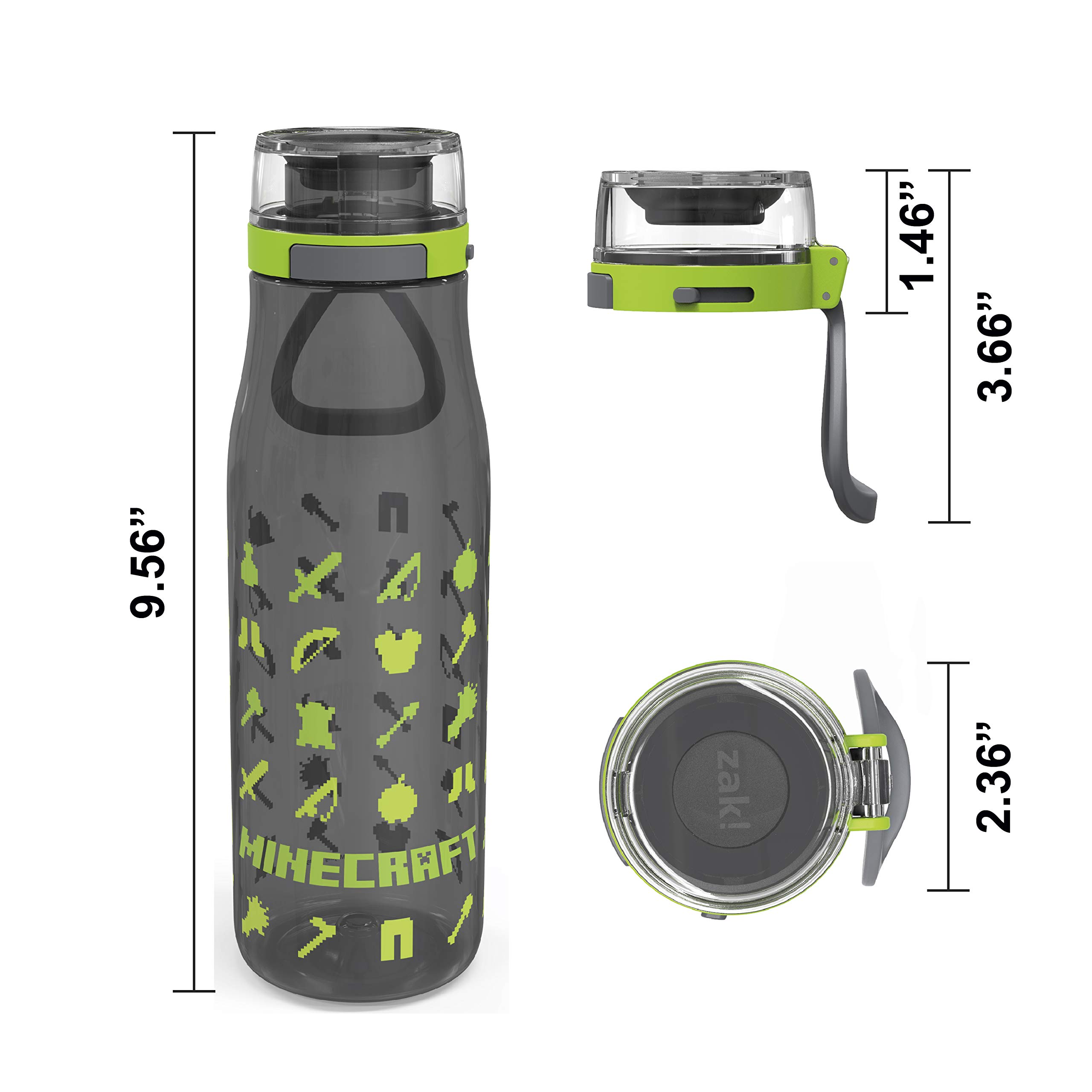 Zak Designs Minecraft Plastic Water Bottle with Push Button Action, Locking Lid, and Portable Carry Loop, Includes 2 Reusable Straws (25oz, BPA-Free)