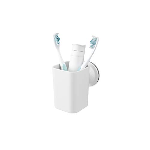 Umbra Flex Sure-Lock Toothbrush Holder, Bathroom Storage Tumbler, Cup for Toothpaste, Combs and Makeup Brushes - Attaches to Glass Panes, Mirrors and Tiles with SureLock Technology, No Drilling, White