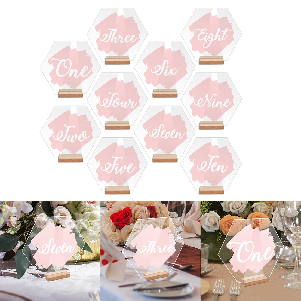 Saycker Acrylic Table Numbers 1-10, Table Numbers for Wedding Reception with Stands, Clear Reserved Table Signs Wedding Signage, Table Numbers for Centerpiece Decoration, Event, Party(Pink)