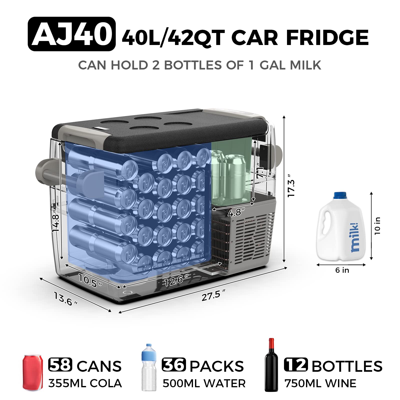Setpower AJ40 Portable Refrigerator,Portable Freezer,42 Quart(40L) Electric Cooler,Car Refrigerator,12/24V DC Cable & 110/240V AC,Car Fridge for Camping,Truck,Travel,Fishing,3-YEAR Warranty