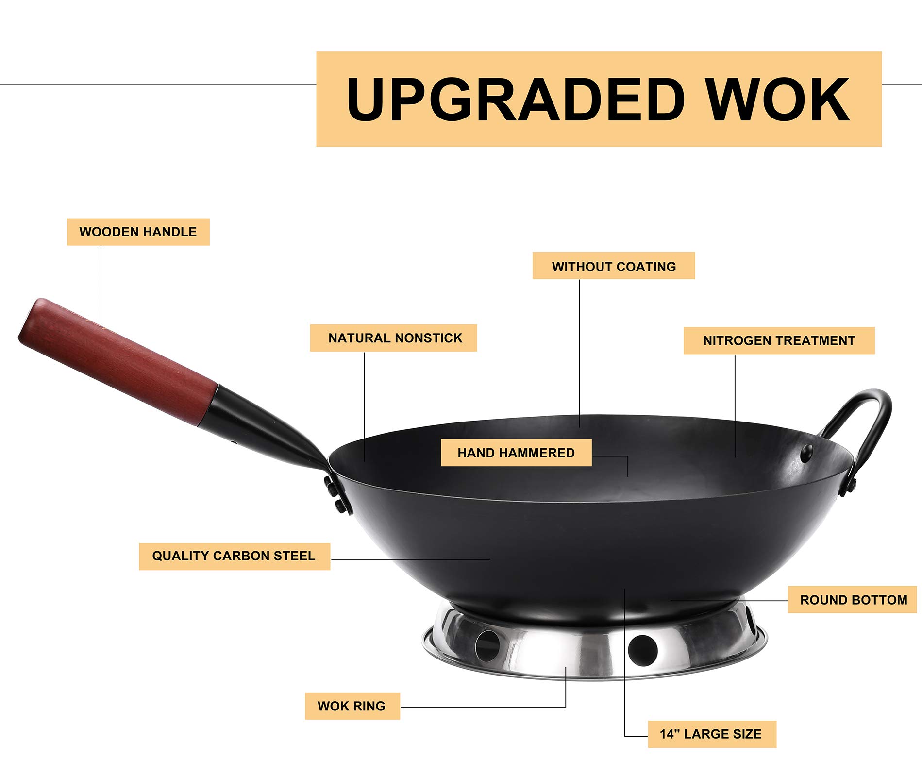 XEEYAYA Carbon Steel Wok Pan with Ring, Chinese Woks and Stir Fry Pans, 14" Large Hand Hammered Traditional Round Bottom Wok