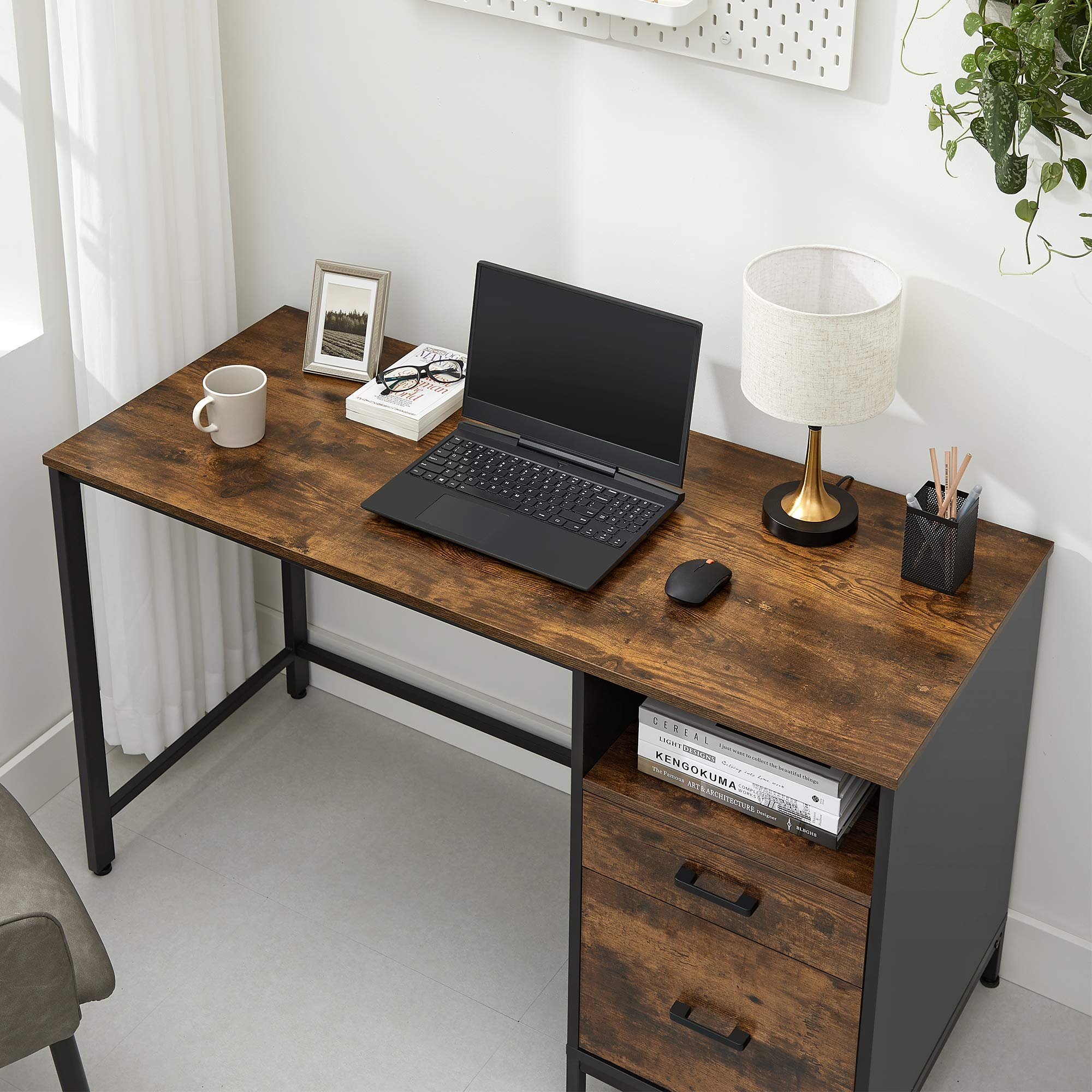 VASAGLE Computer Desk with Drawers, Writing Study Desk with File Cabinet, PC Desk for Home Office, Industrial Style, Rustic Brown and Black ULWD052B01
