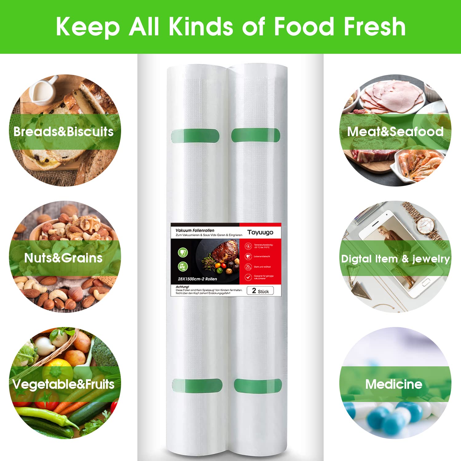Vacuum Sealer Bags, 2 Rolls Thicker Heavy-Duty Commercial Quality Textured Vacuum Seal Bags for Food Storage Saver Sous Vide Cooking