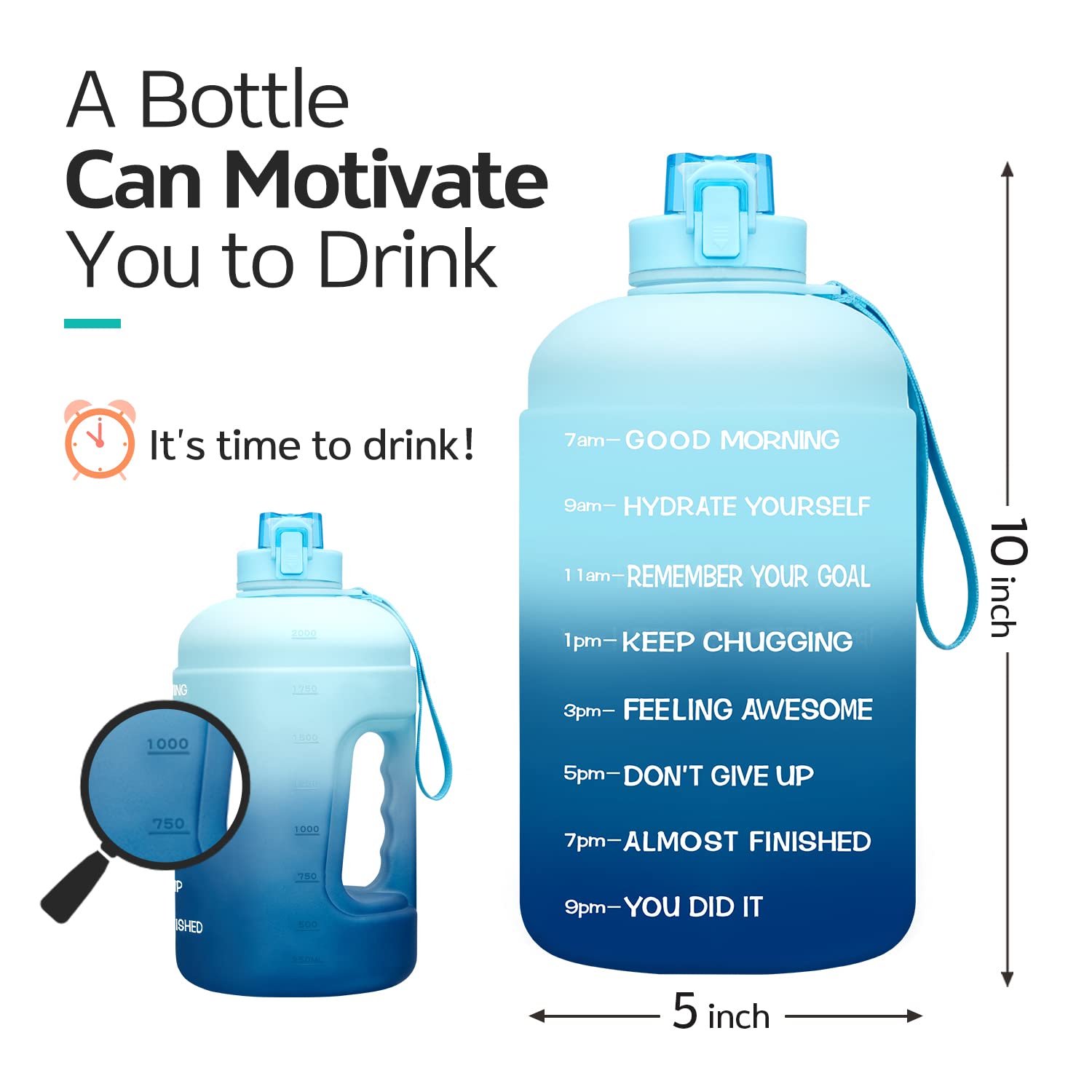 Venture Pal Half Gallon Water Bottle - 64 oz Water Bottle with Time Maker & Sturdy Handle - Leakproof Motivational Water Bottle to Track Your Daily Water Intake