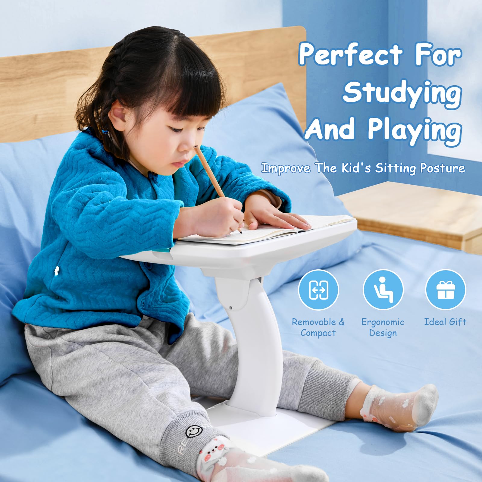 scenein Kids Lap Desk - Book Holder Stand for Work, Study, Gaming, Arts, Crafts - Dry Erase White Board, Laptop Lap Desk for Car Bed Floor, Adjustable Angle, White