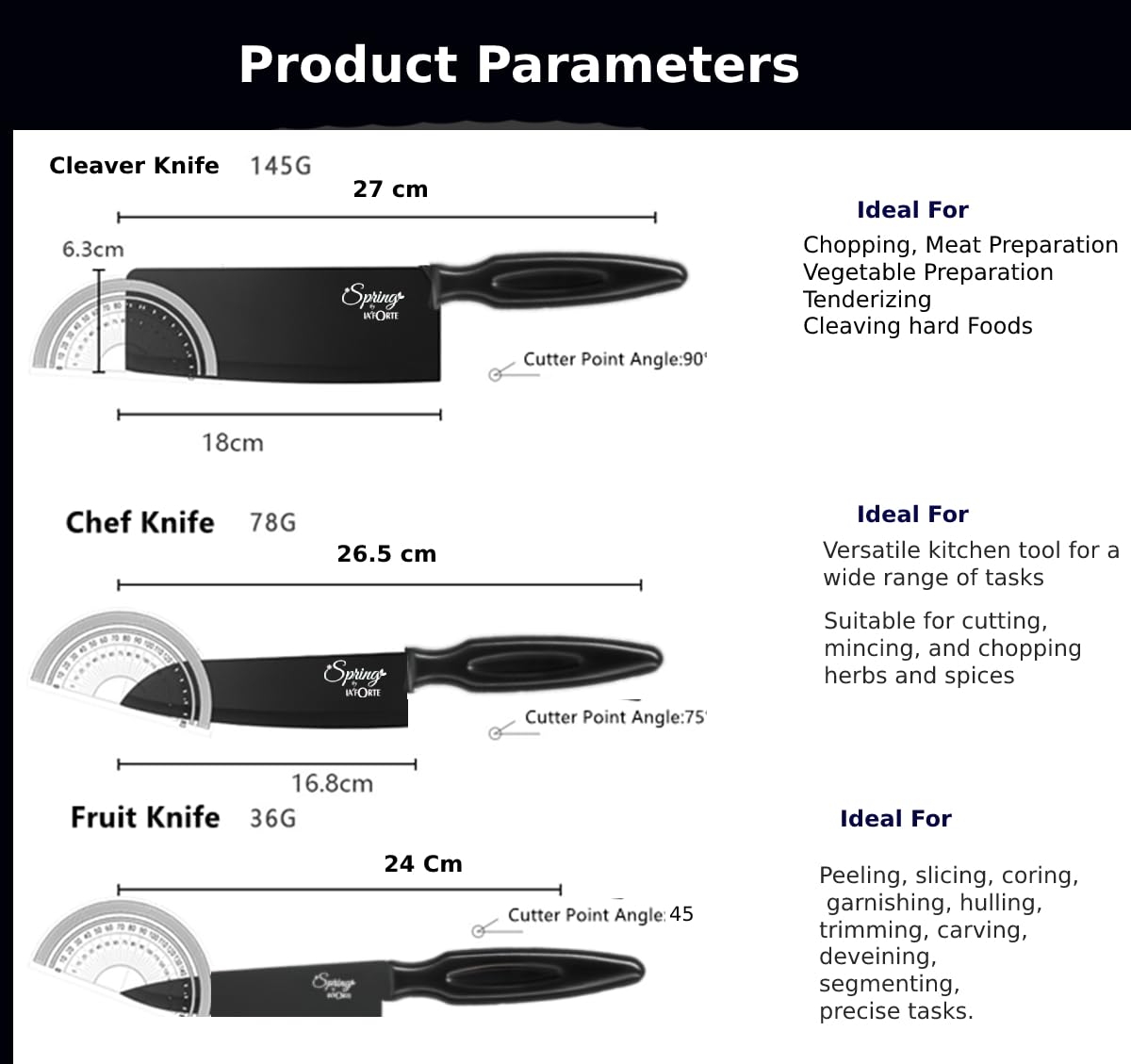 Spring Premium 03 Pcs Knife Set- Single Pcs Crafted No Joints- Extreme Sturdiness and Superior Longevity (Cleaver Knife Set, Chef Knife Set, Fruit Knife)