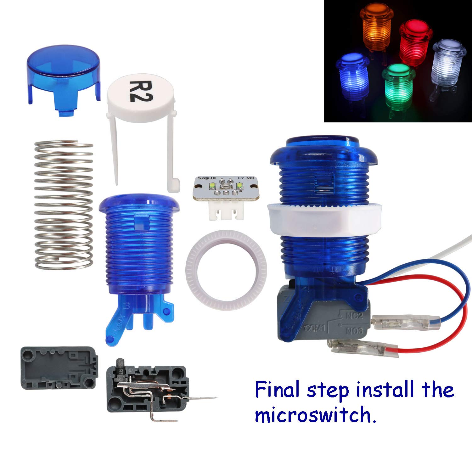 SJ@JX 2 Player Arcade Game Stick DIY Kit Buttons with Logo LED 8 Way Joystick USB Encoder Cable Controller for PC MAME Raspberry Pi Red Blue
