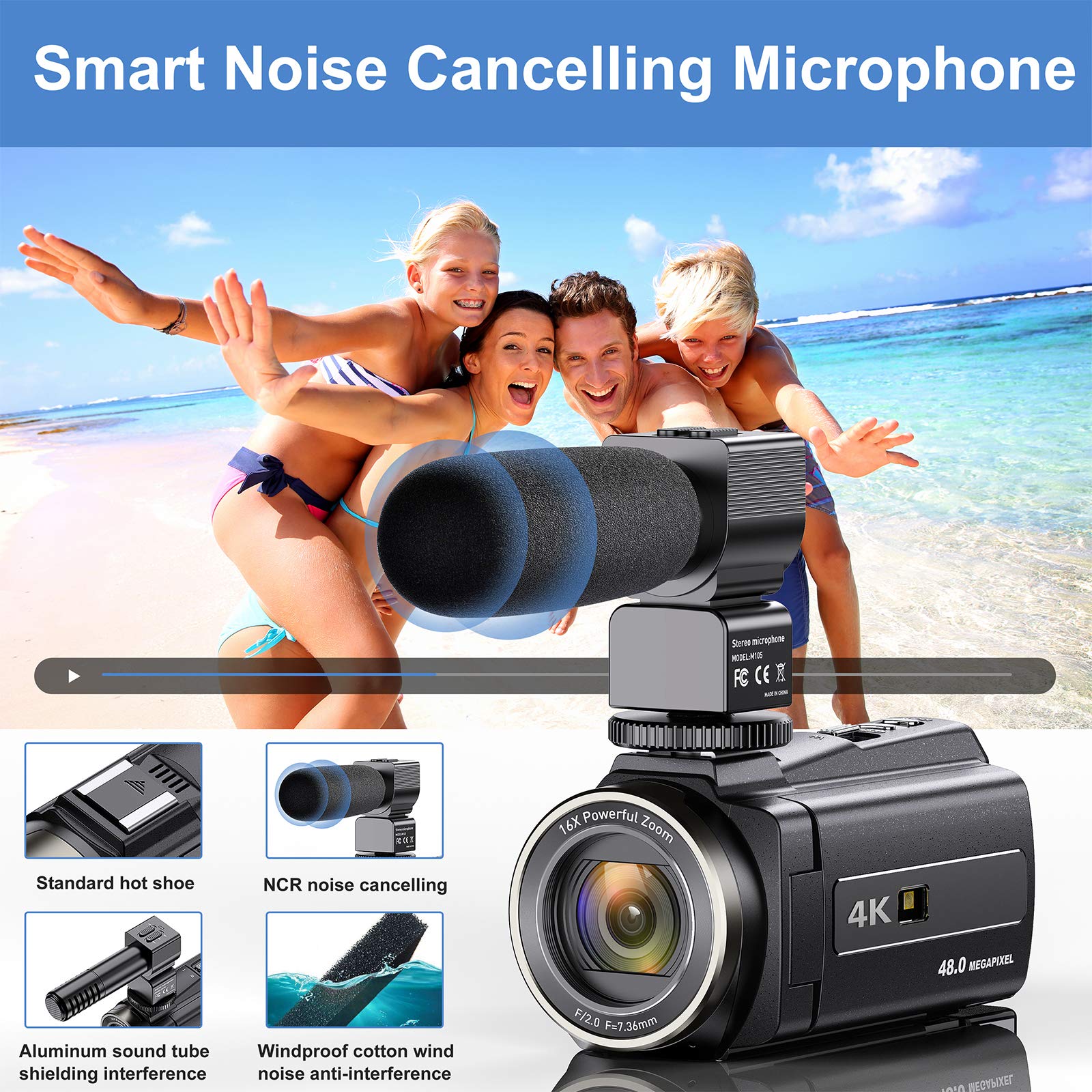 VAFOTON 4K Video Camera Camcorder with Microphone, 48MP Vlogging Camera for YouTube 16X Zoom 3.0" Touch Screen IR Night Vision Wi-Fi Vlog Cameras Webcam with Handheld Stabilizer Remote Control